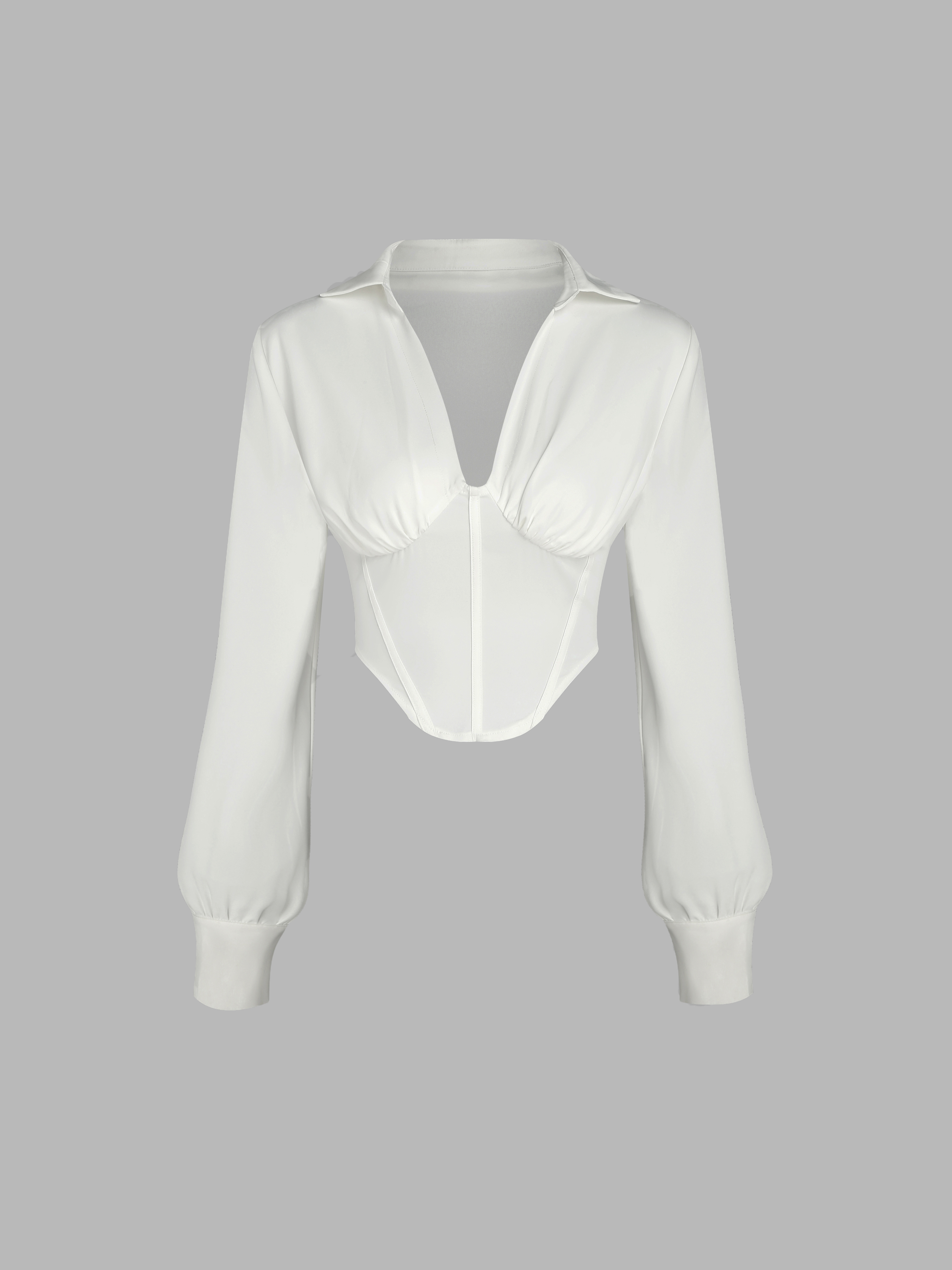 Woven Solid Collar Long Sleeve Crop Top For Work