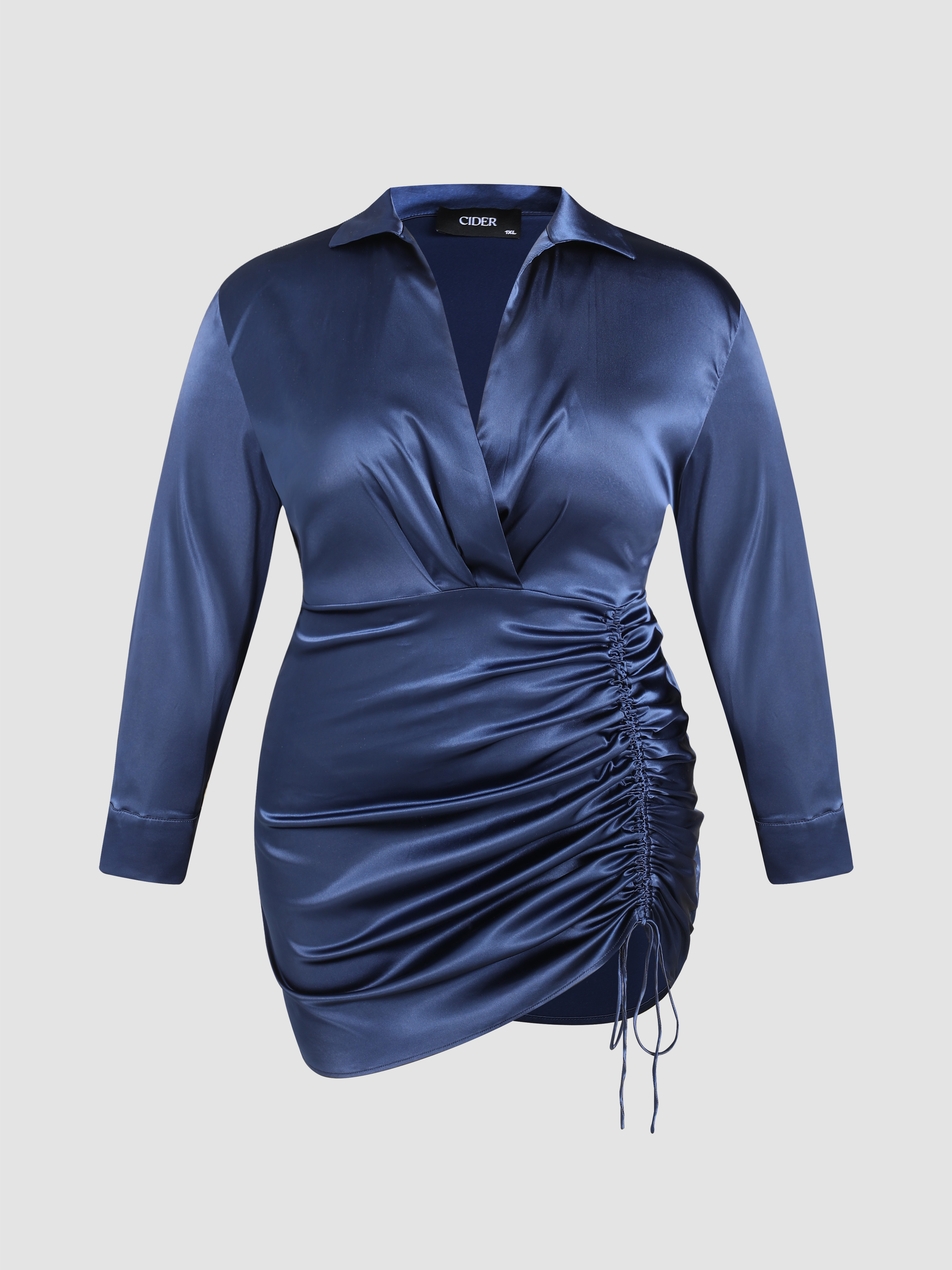 Curve And Plus Solid Drawstring Satin Mini Dress For Date Vacation Holiday