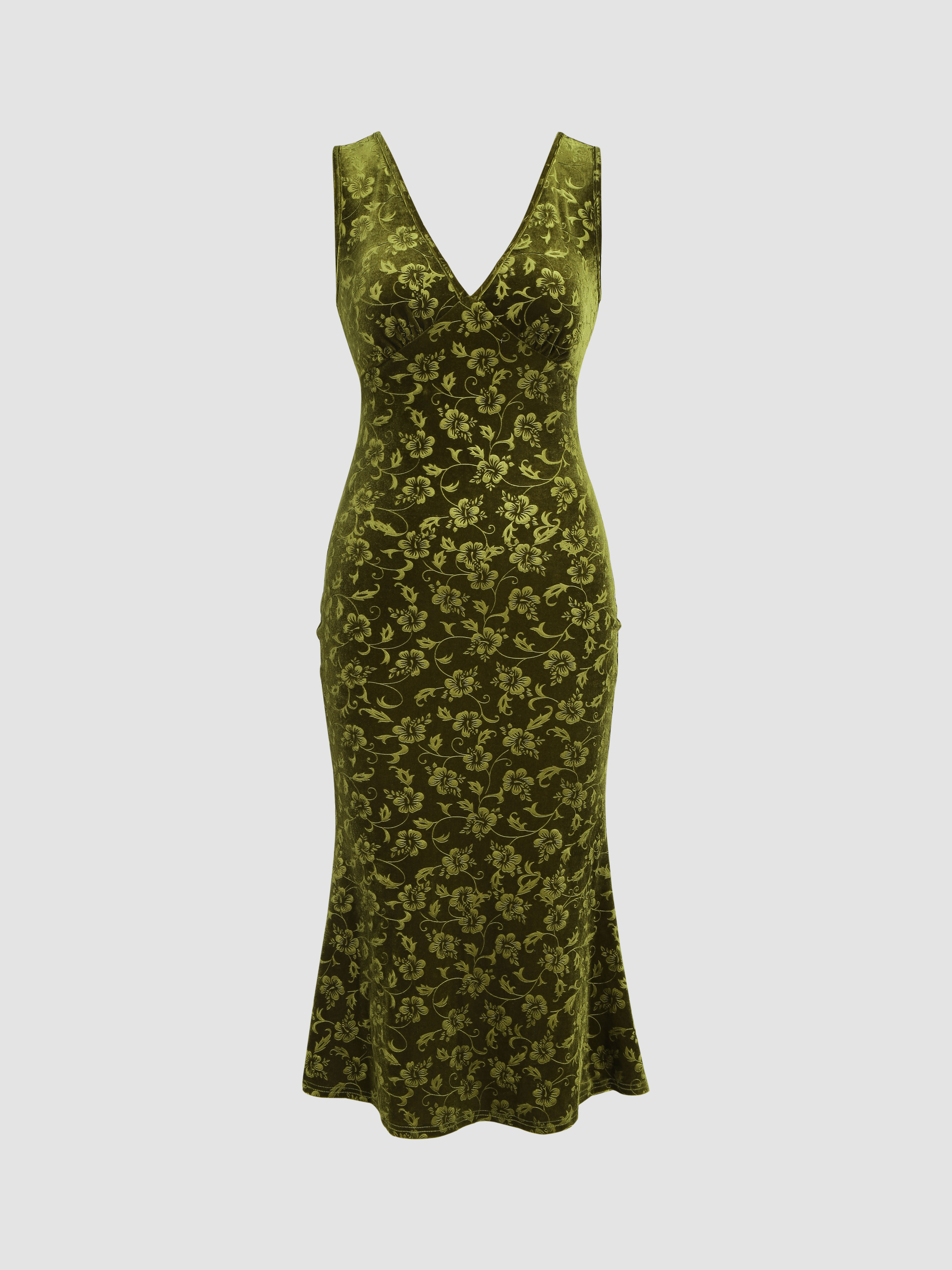Velvet V-neck Floral Mermaid Midi Dress For Date Velvet V-neck Floral Mermaid Midi Dress For Date