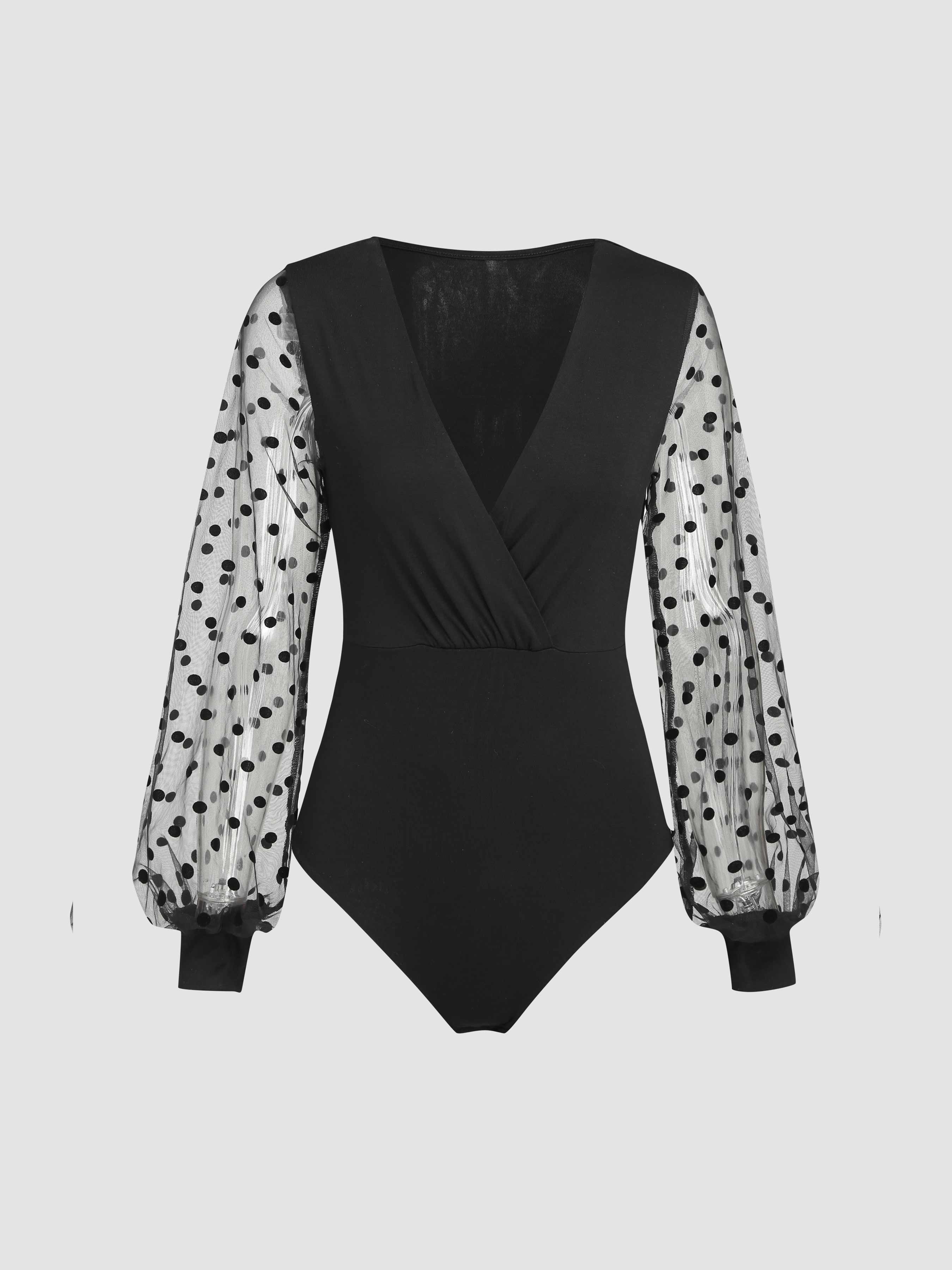 Knit Fabric V-neck Solid Spot Ruched Bodysuit For Party/Clubbing Music ...