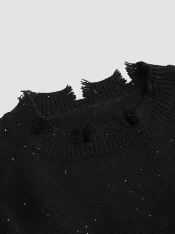 Solid Ripped Glitter Knitted Sweater For Daily Casual School