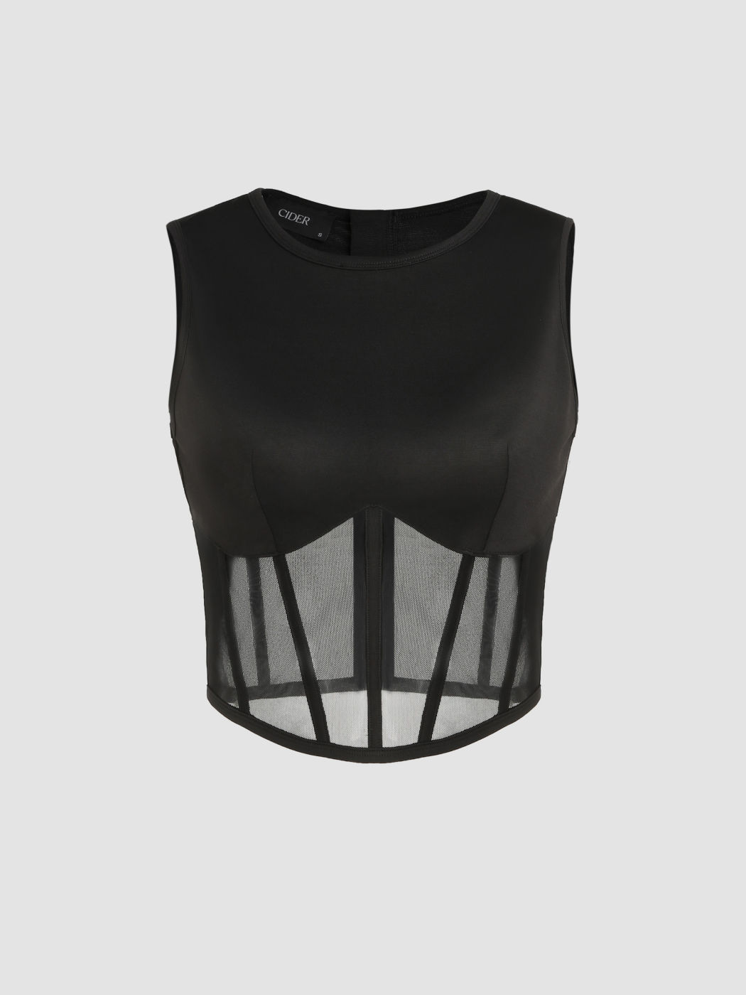 Mesh Solid Corset Knitted Crop Top - Cider