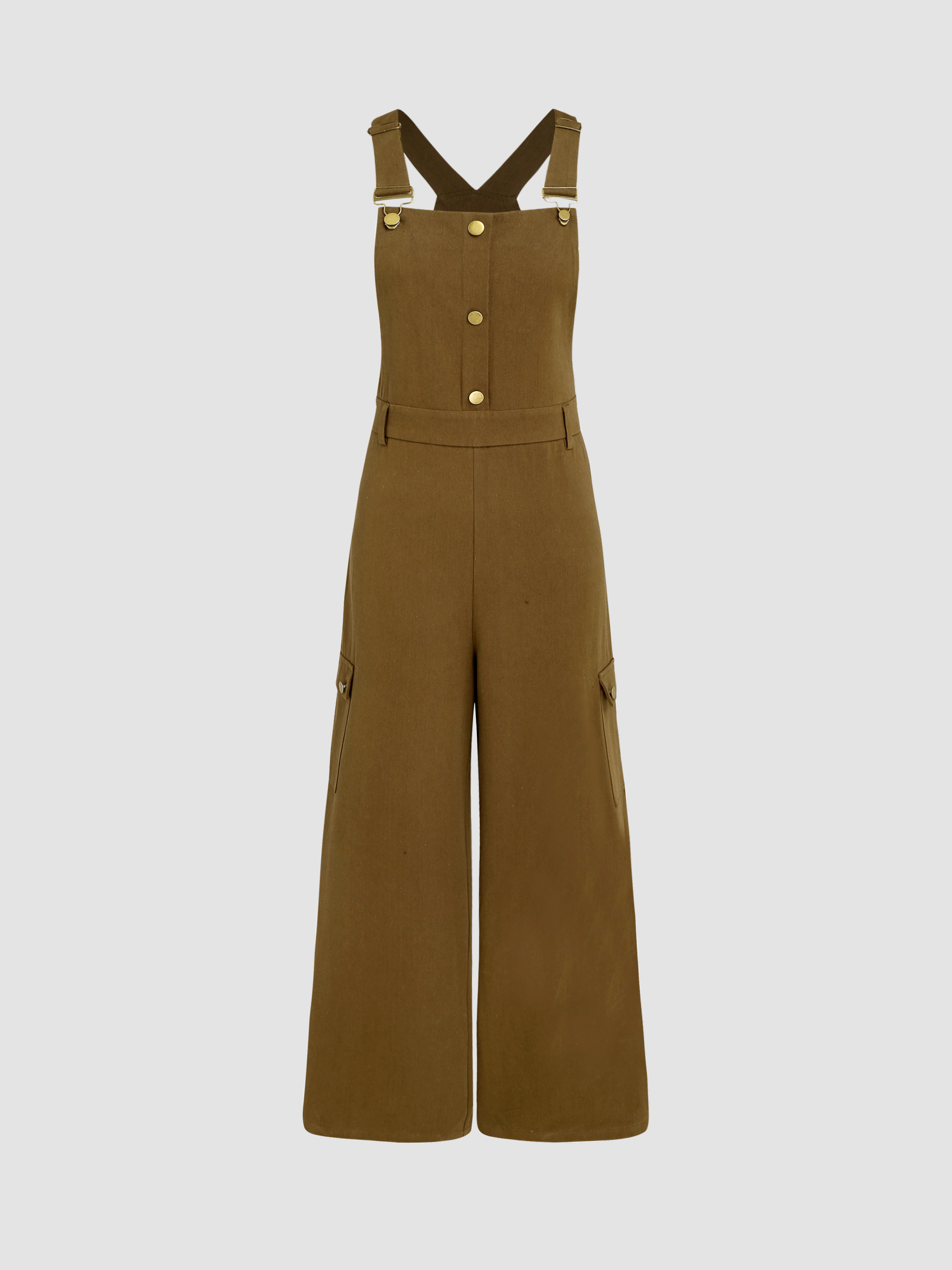 Denim Solid Pocket Buckle Up Cargo Jumpsuit For Daily Casual Coffee Shop