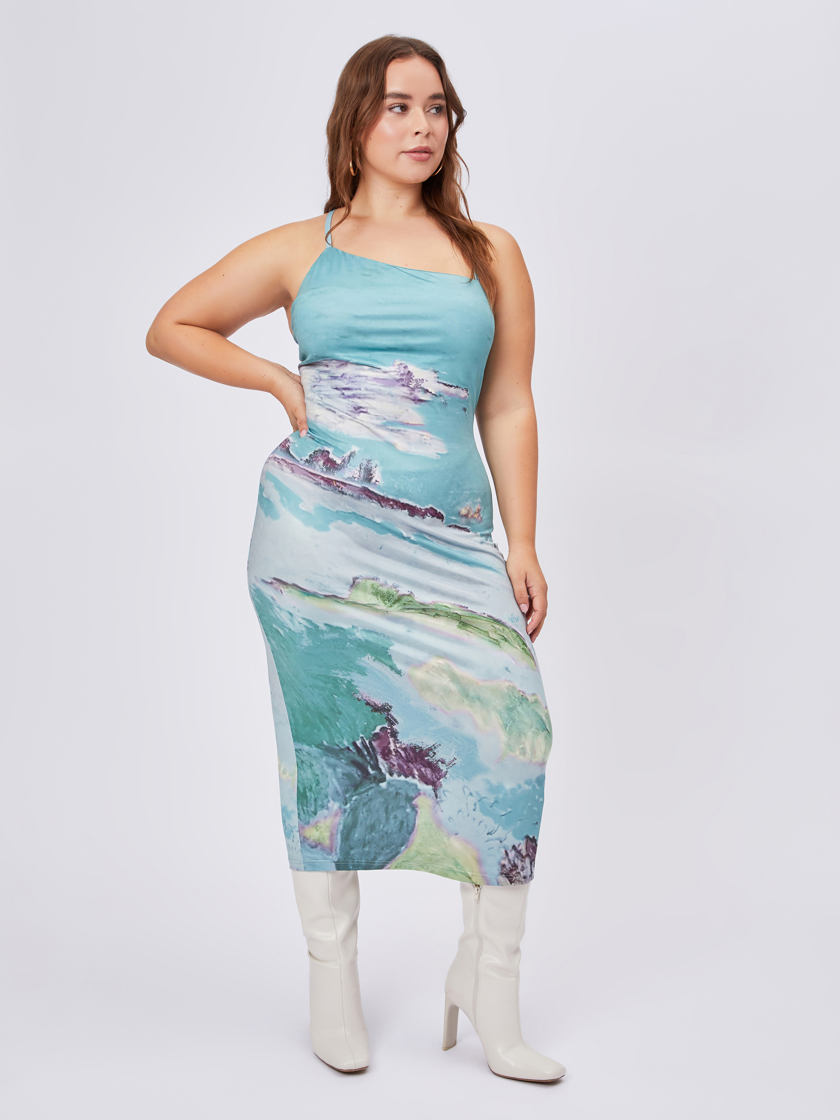 Asymmetrical Neck Graphic Maxi Dress Curve & Plus - Cider