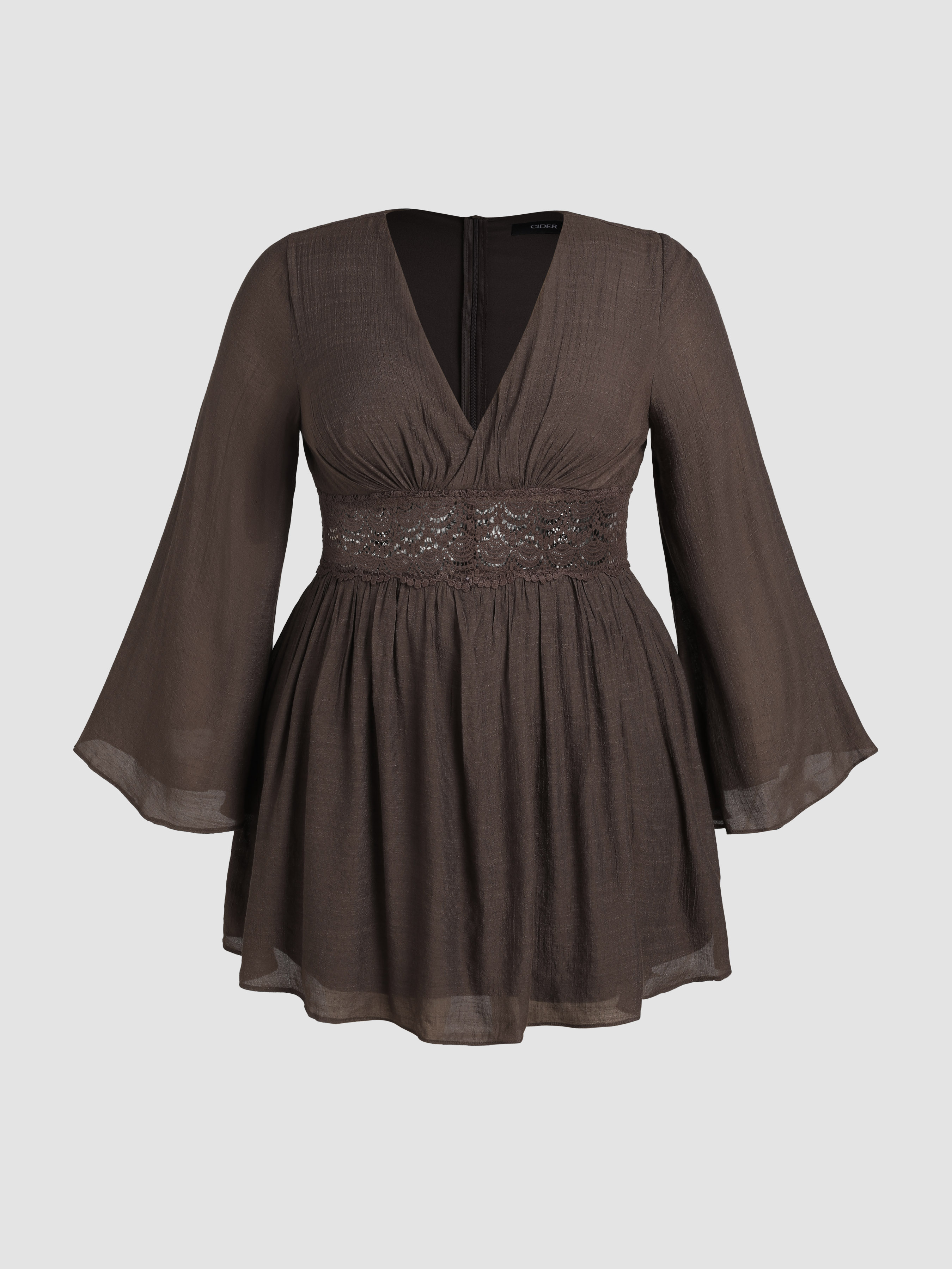 Bell Sleeve Hollow Out Mini Dress Curve & Plus - Cider