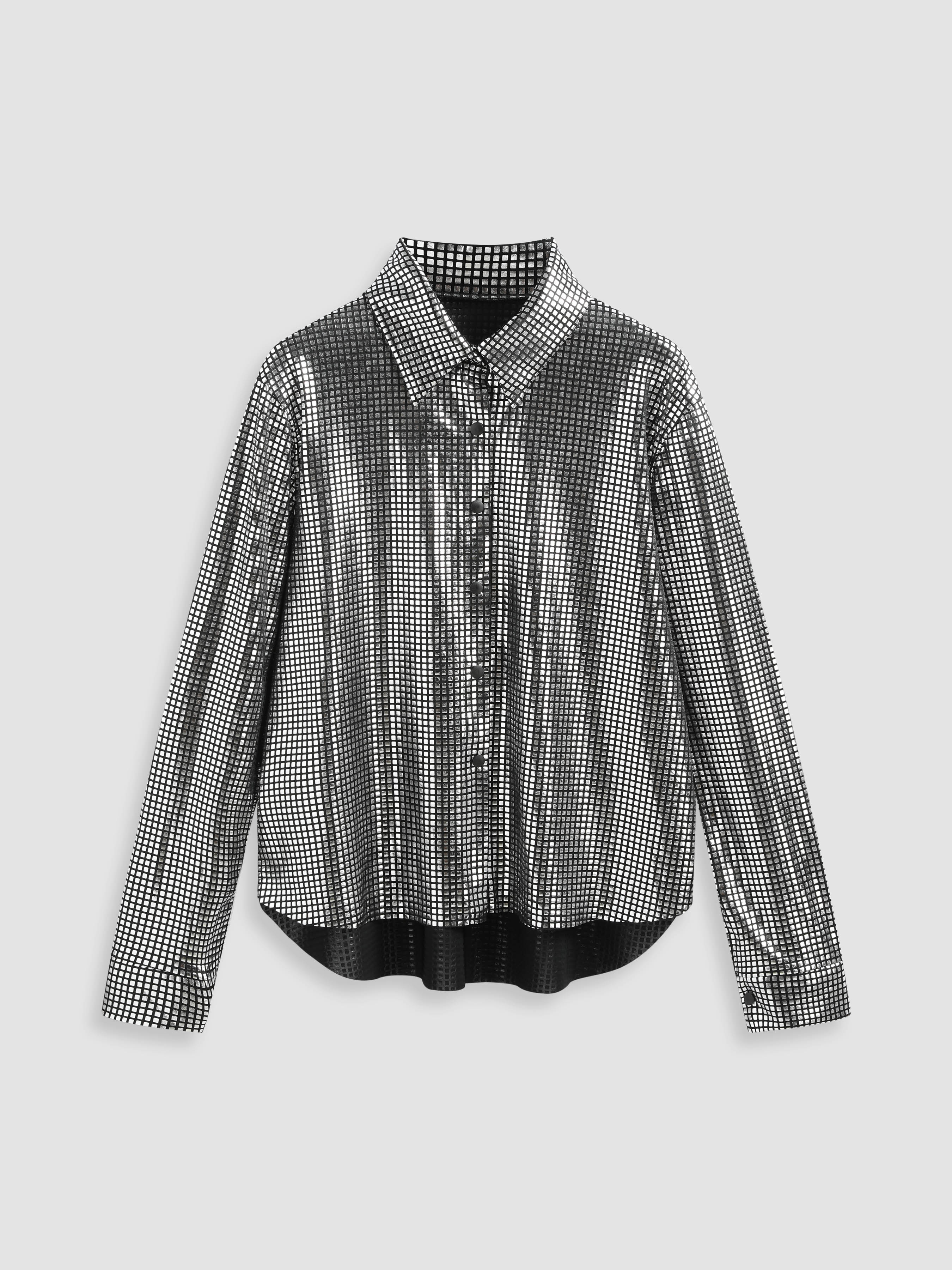Metallic Woven Check Button Up Oversized Blouse For Exhibition