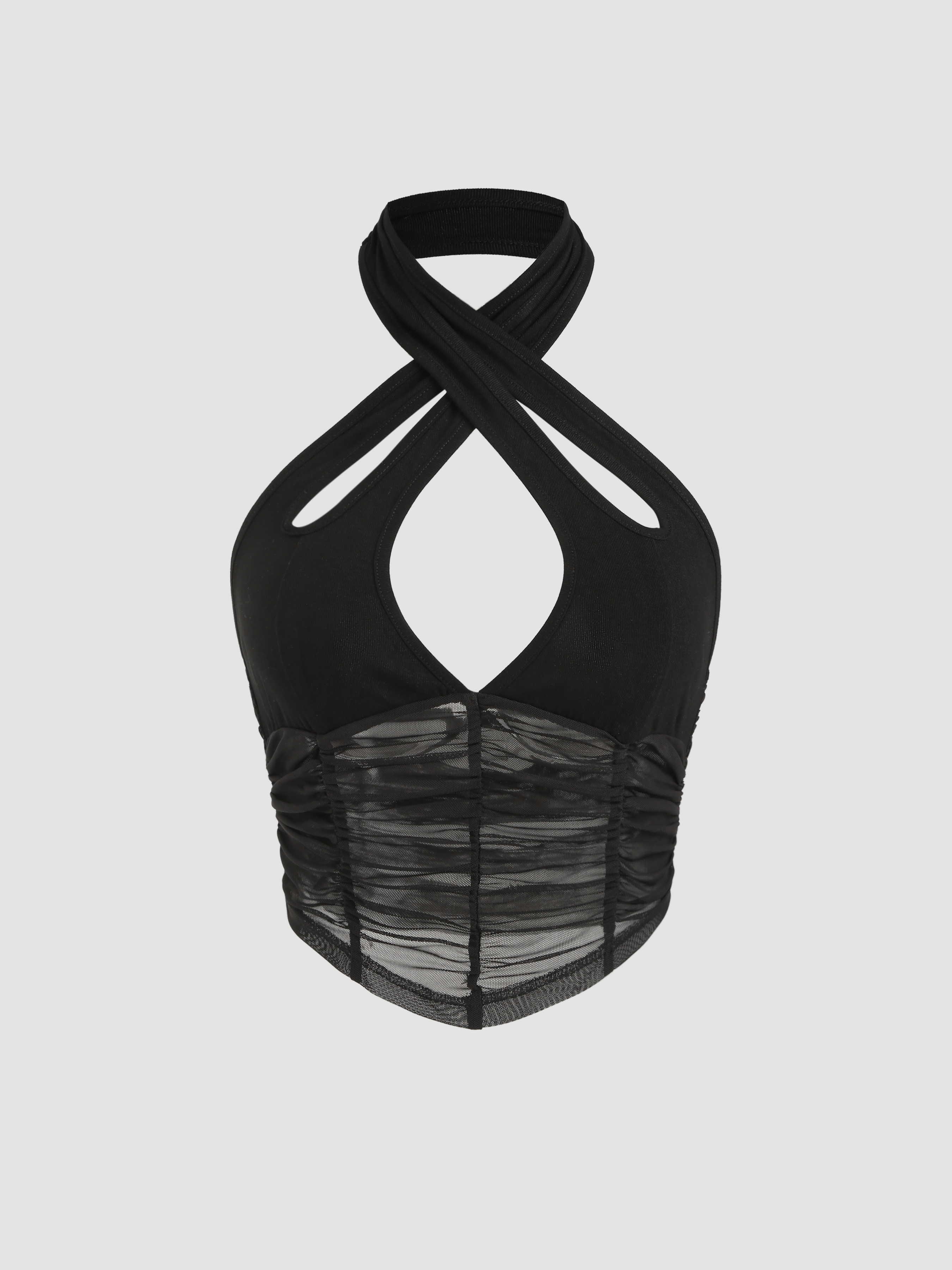 Jersey Solid Corset Mesh Halter Crop Cami Top For Party/Clubbing