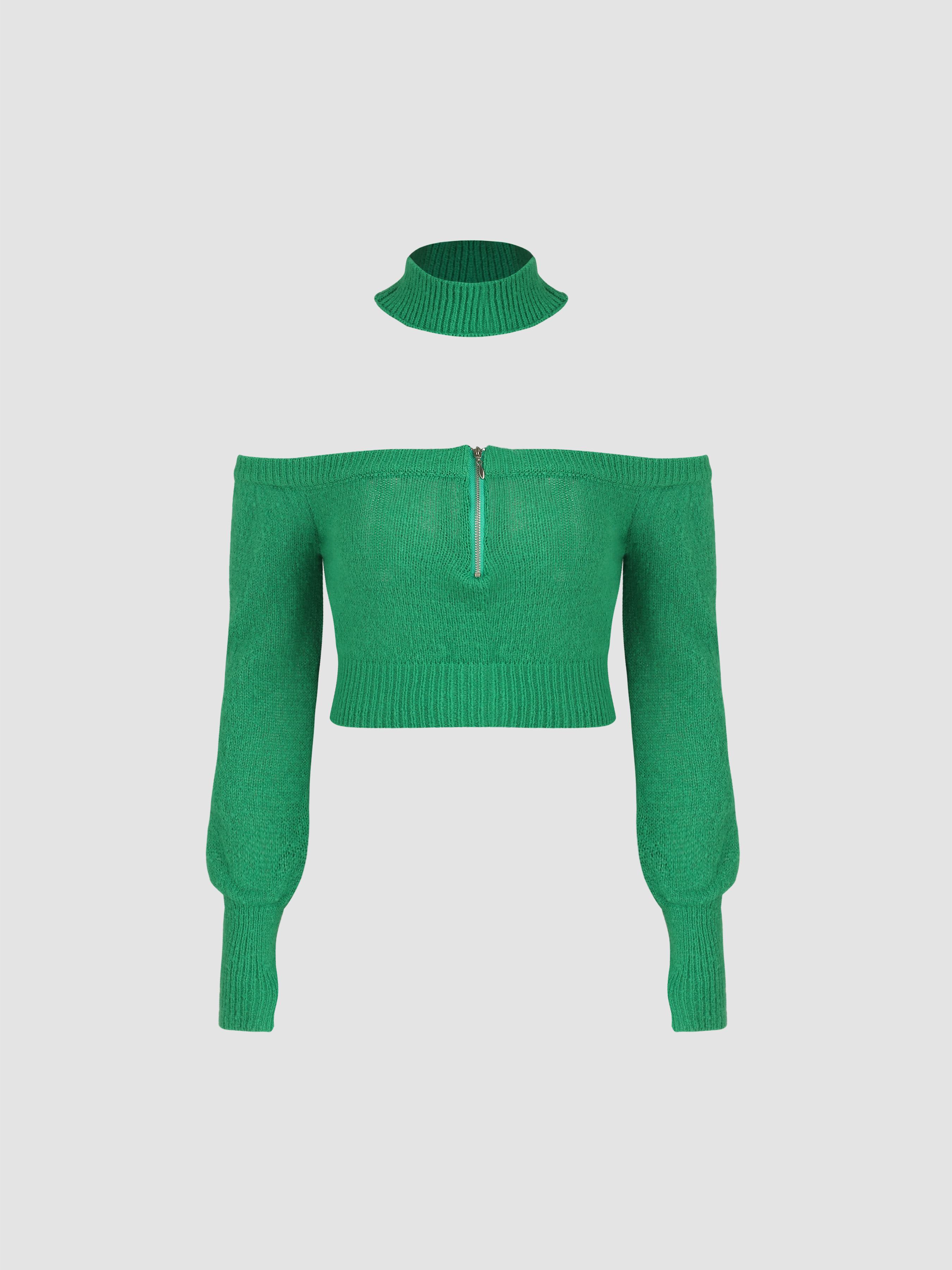 Solid Stand Collar Off-shoulder Sweater - Cider