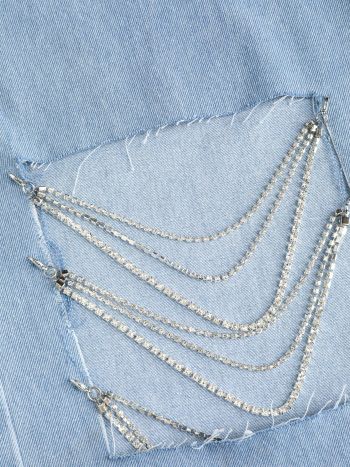 Rhinestone Chain Ripped Wide Leg Jeans - Cider