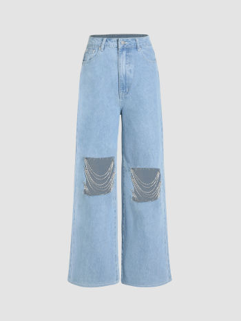 Rhinestone Chain Ripped Wide Leg Jeans - Cider