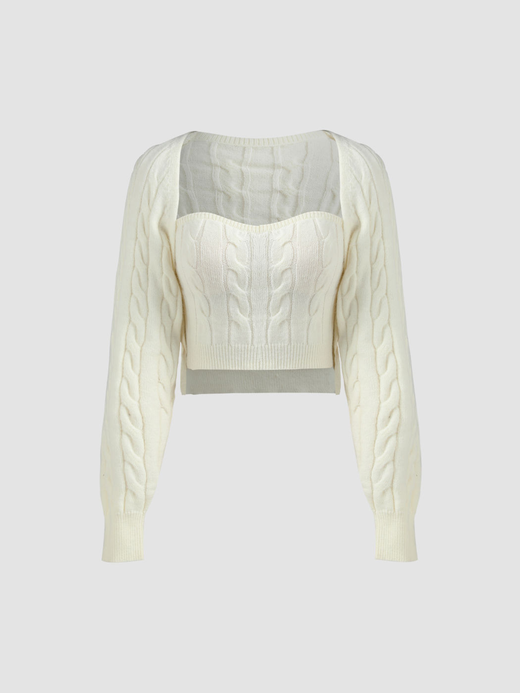 Solid Cable Knit Crop Top & Strapless Tank Top Set For Coffee Shop