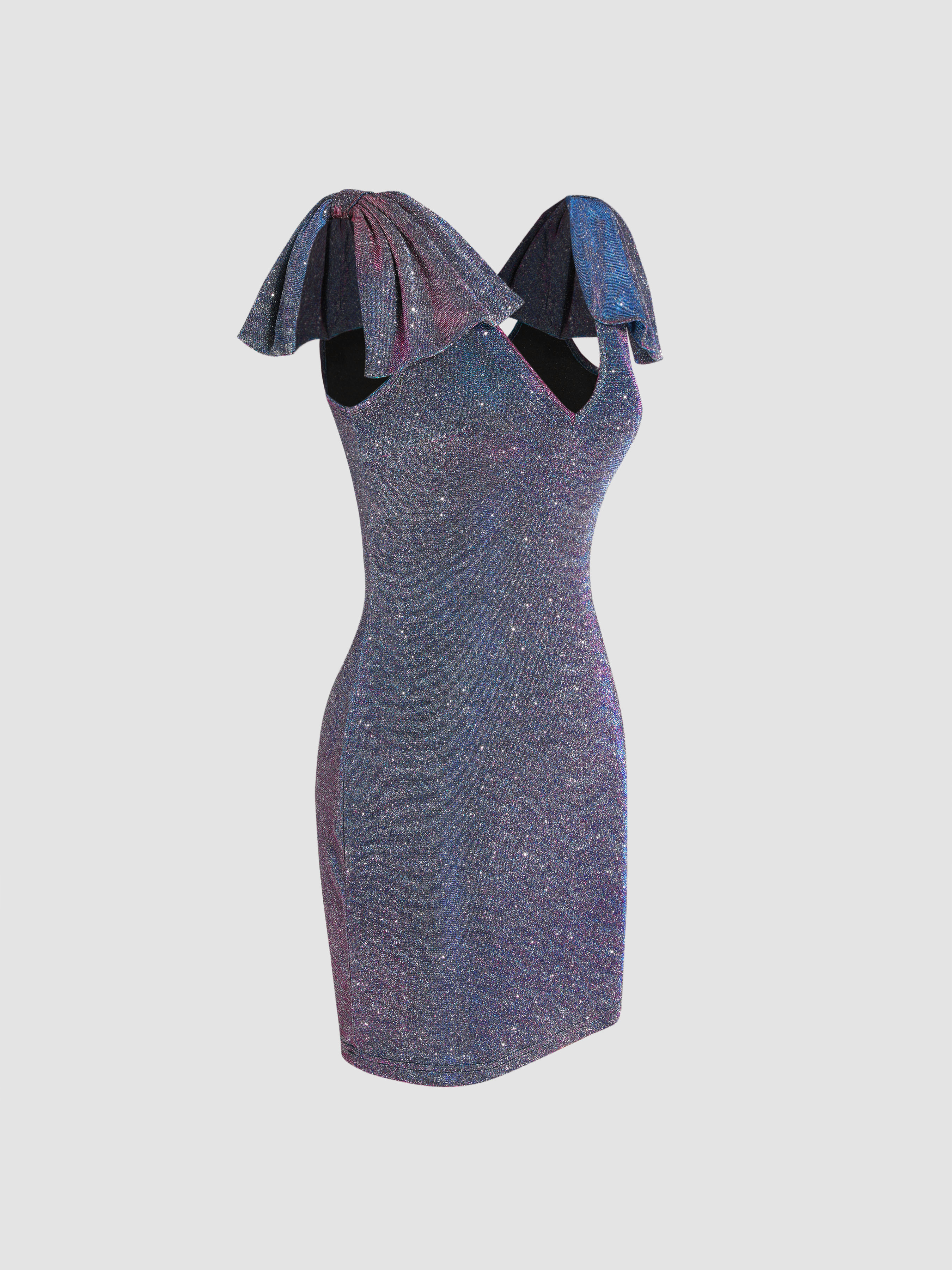 V Neck Sequin Bowknot Knitted Mini Dress Cider
