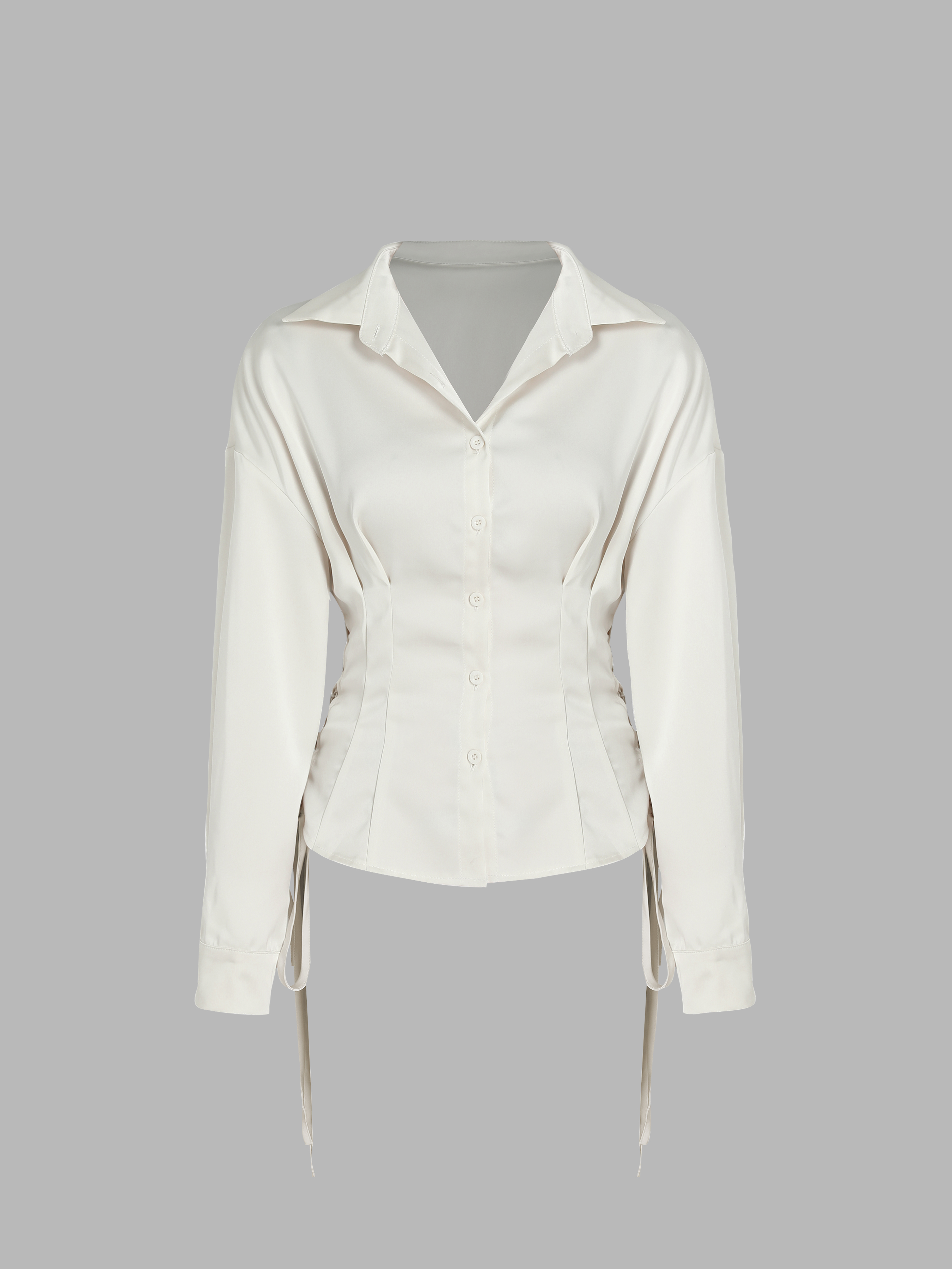 Woven Solid Ruched Drawstring Button Up Blouse For Coffee Shop ...