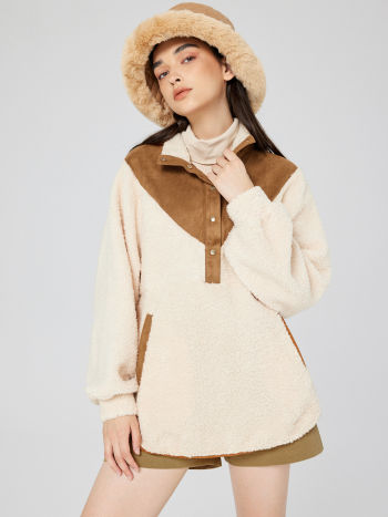 Fleece Patchy Oversized Button Up Sweatshirt For School Daily Casual Home