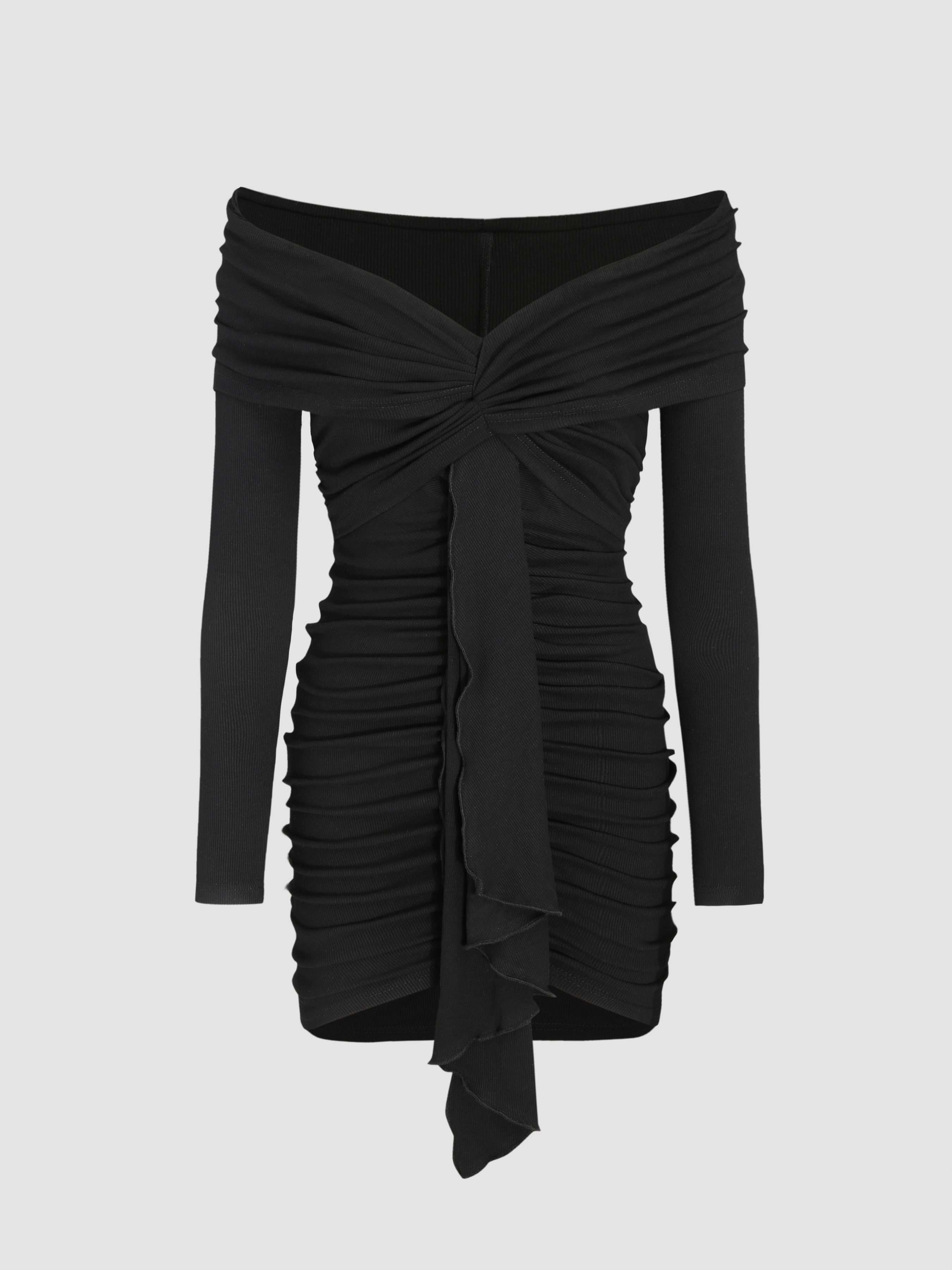 Off-shoulder Solid Ruched Twist Short Dress - Cider