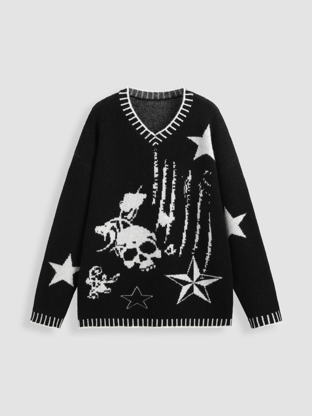 Knit Fabric Skull & Star Pattern Sweater For Daily Casual School