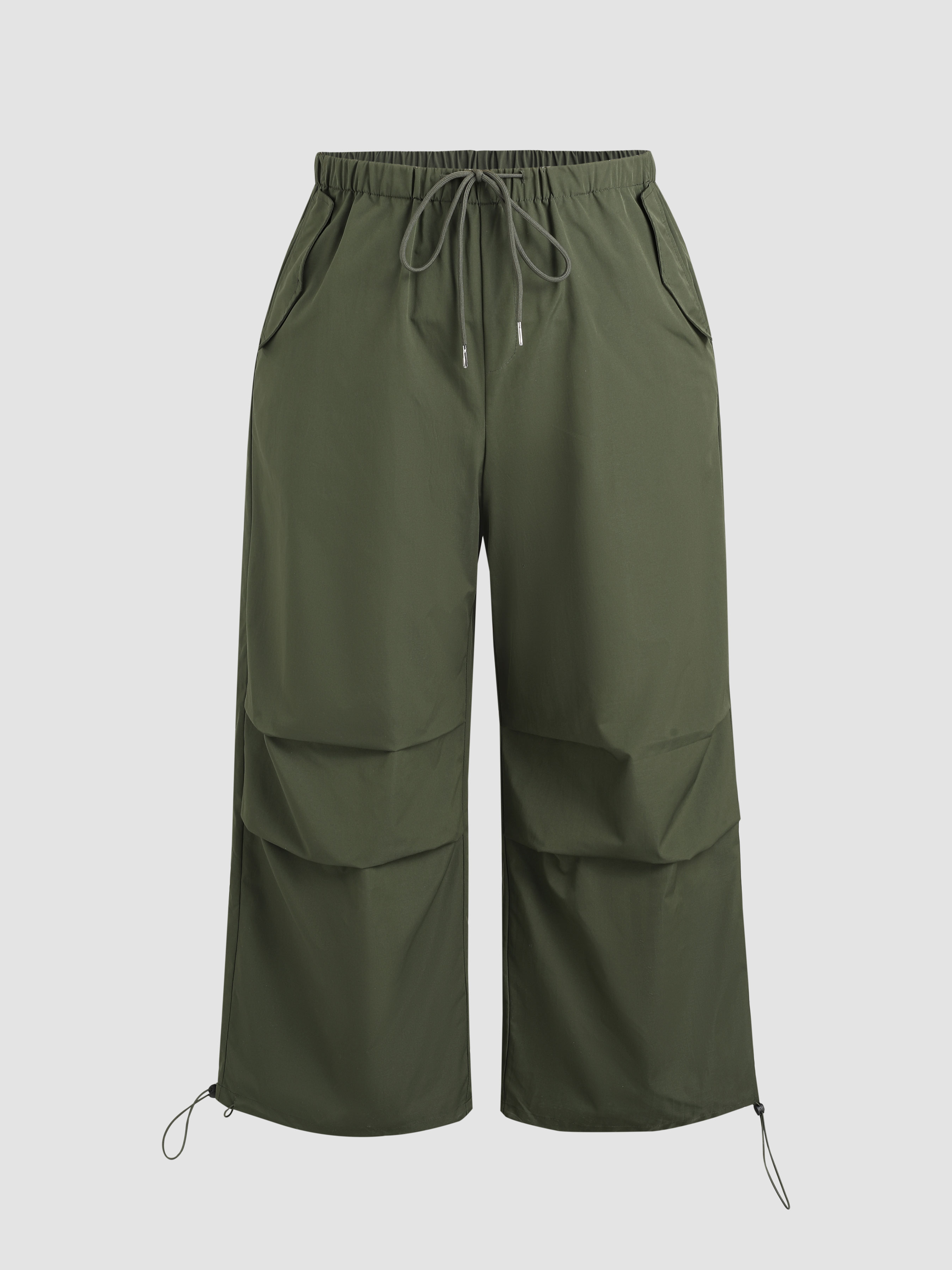 Solid Cargo Mid Waist Drawstring Wide Leg Trousers Curve & Plus - Cider