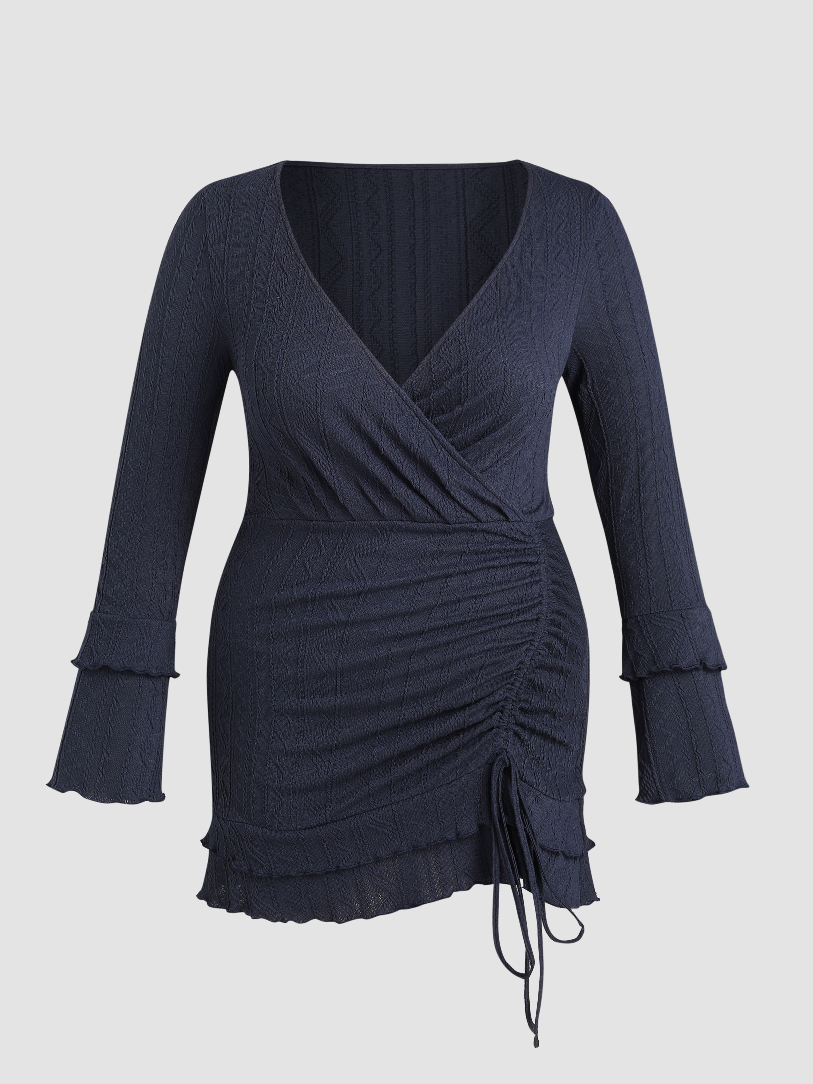 Woven Solid V-neck Ruched Drawstring Mini Dress Curve & Plus - Cider
