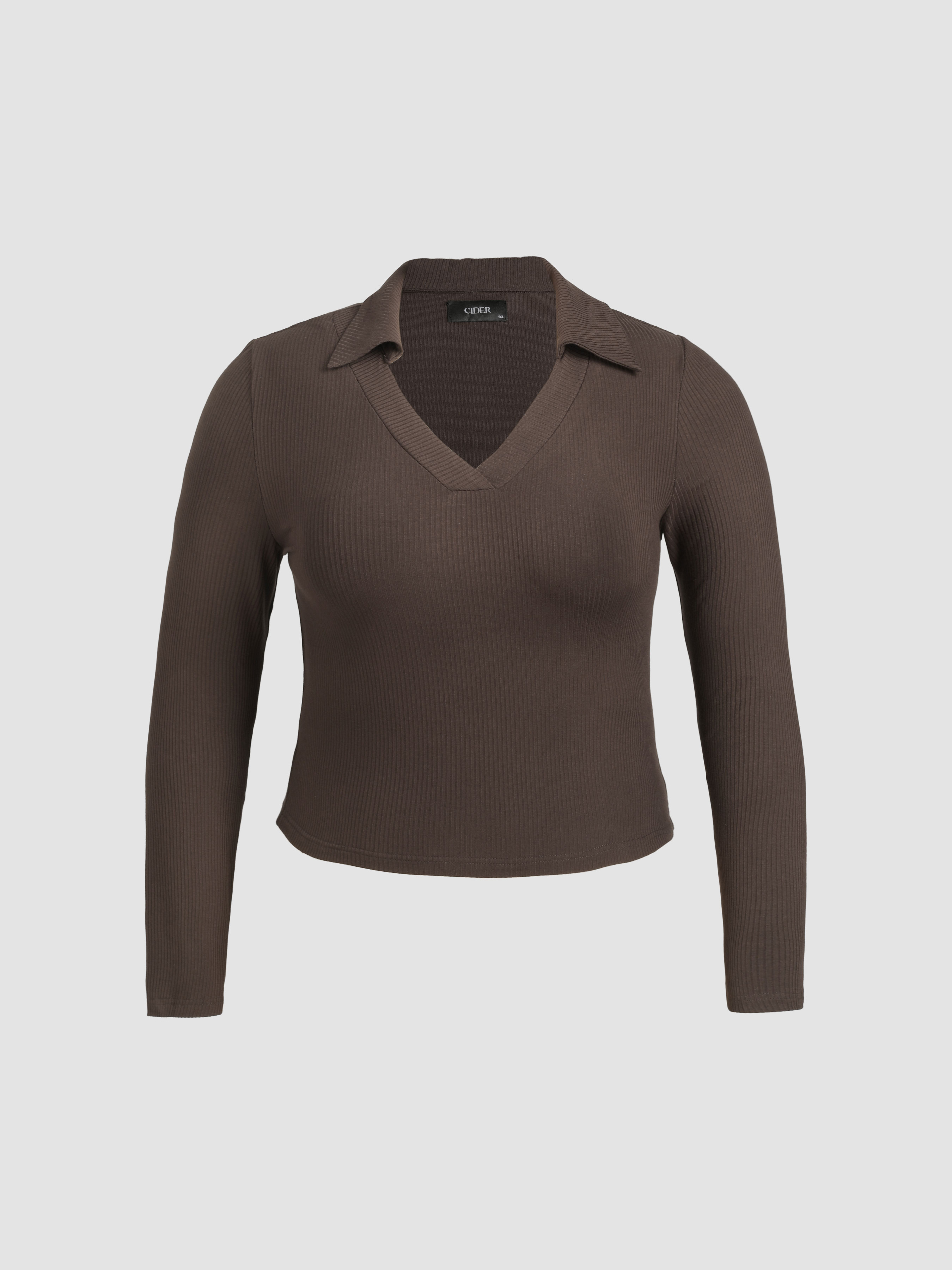 Solid Collar Long Sleeve Crop Top Curve And Plus Cider