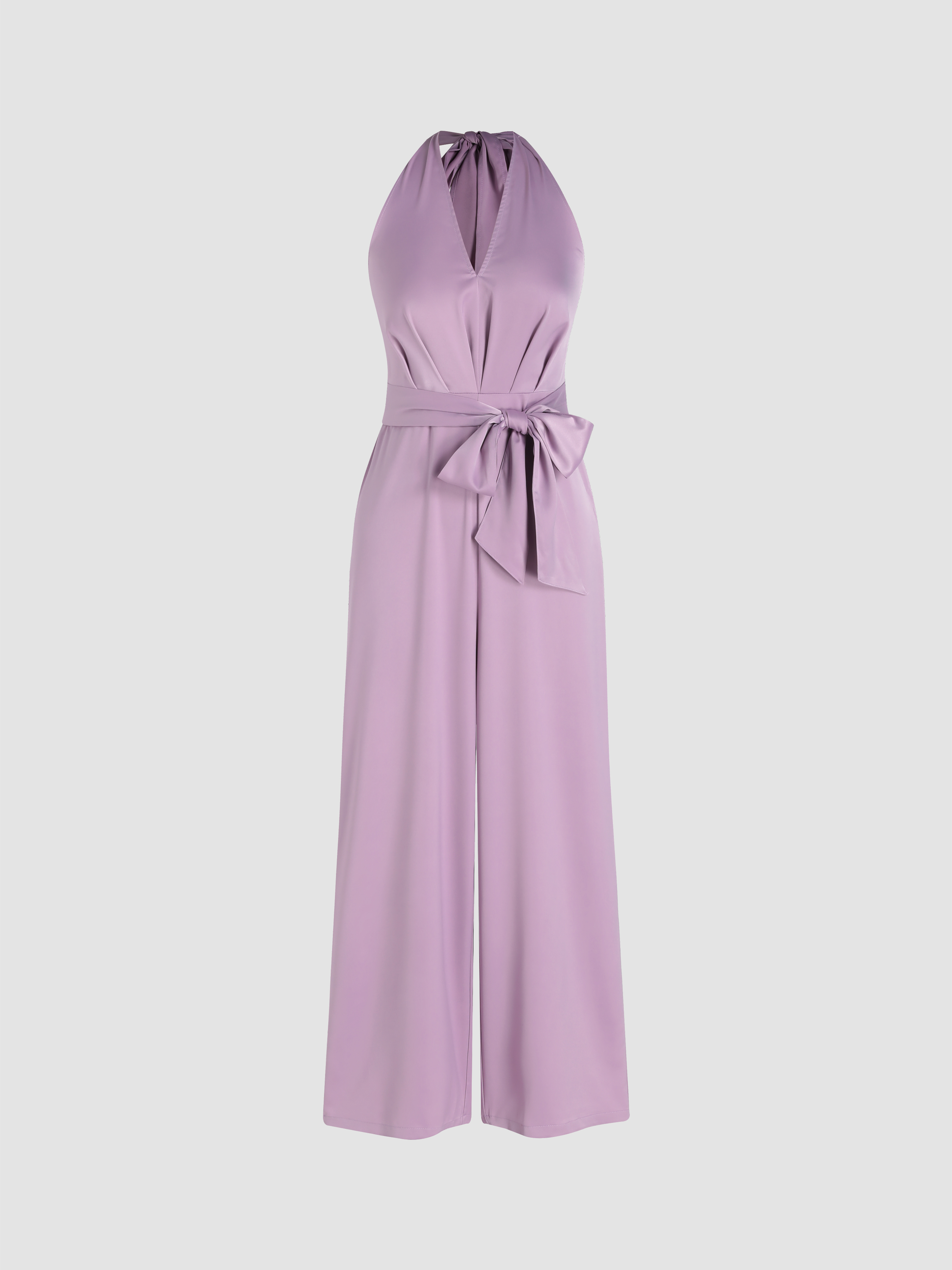 Satin Halter Belted Jumpsuit For Work