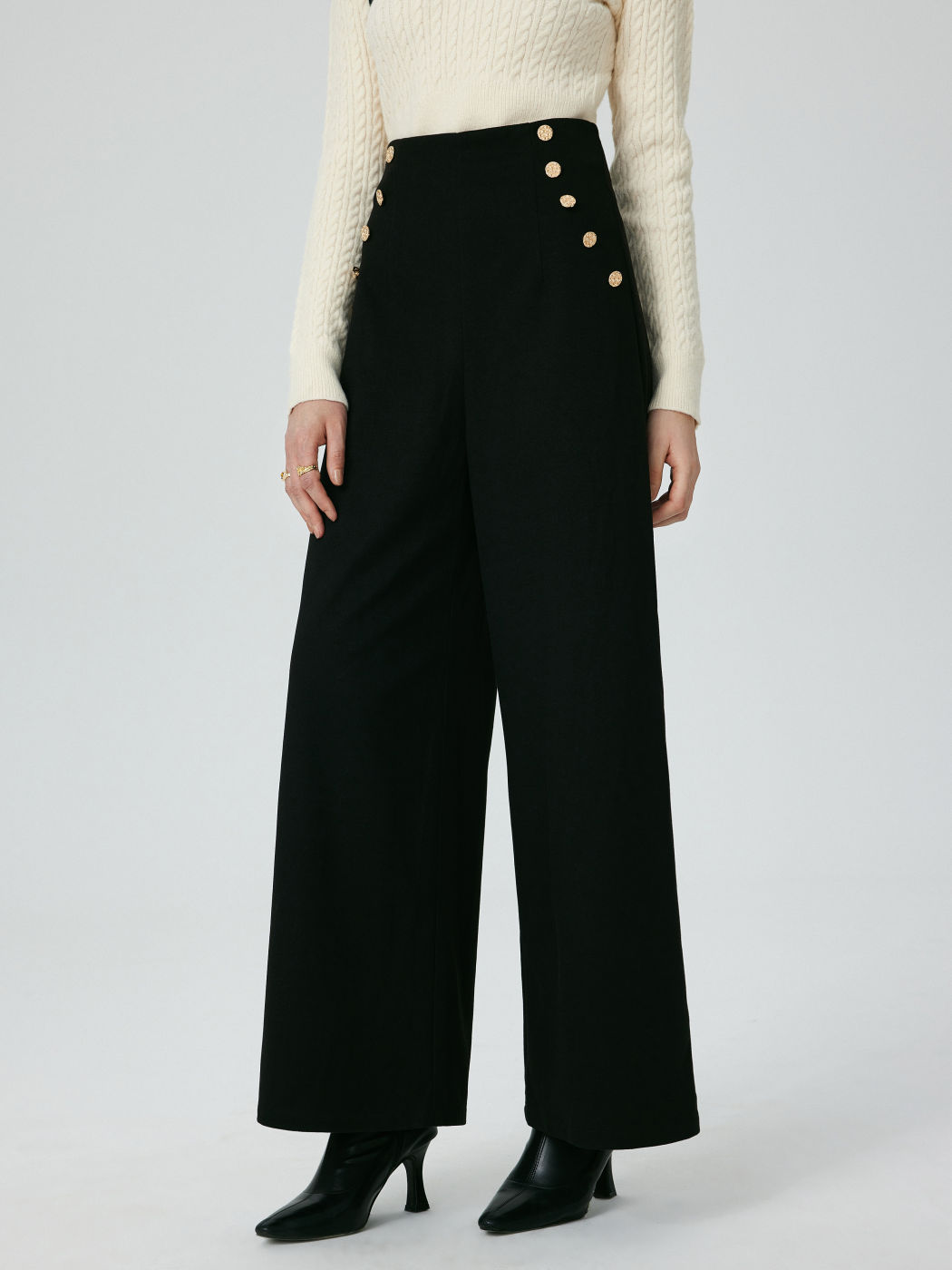 Woven Solid Button Wide Leg Trousers - Cider