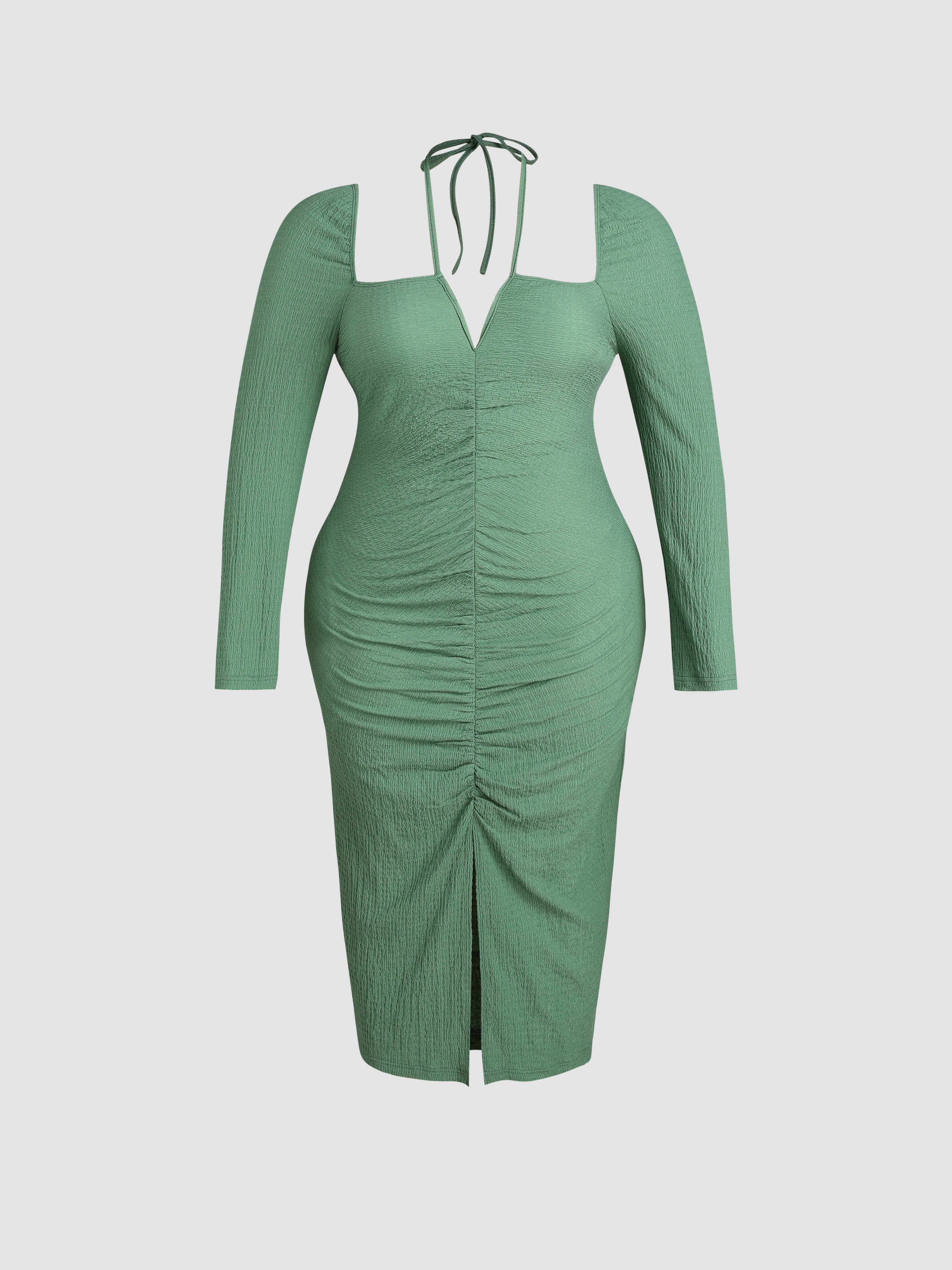 Solid Halter Ruched Split Knitted Midi Dress Curve & Plus - Cider