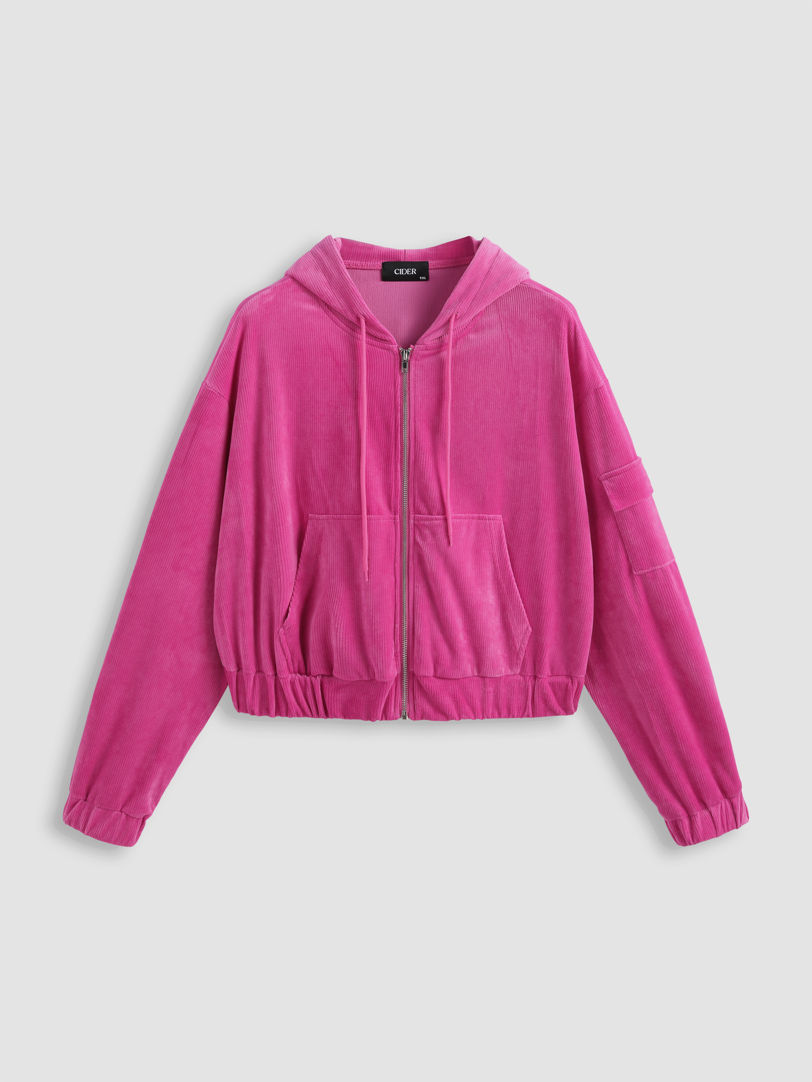 Solid Corduroy Zip-up Hoodie Curve & Plus - Cider