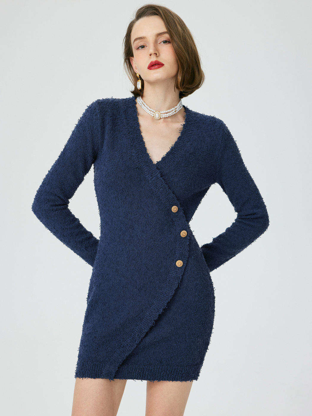 Knit V-neck Long Sleeve Short Dress For Work