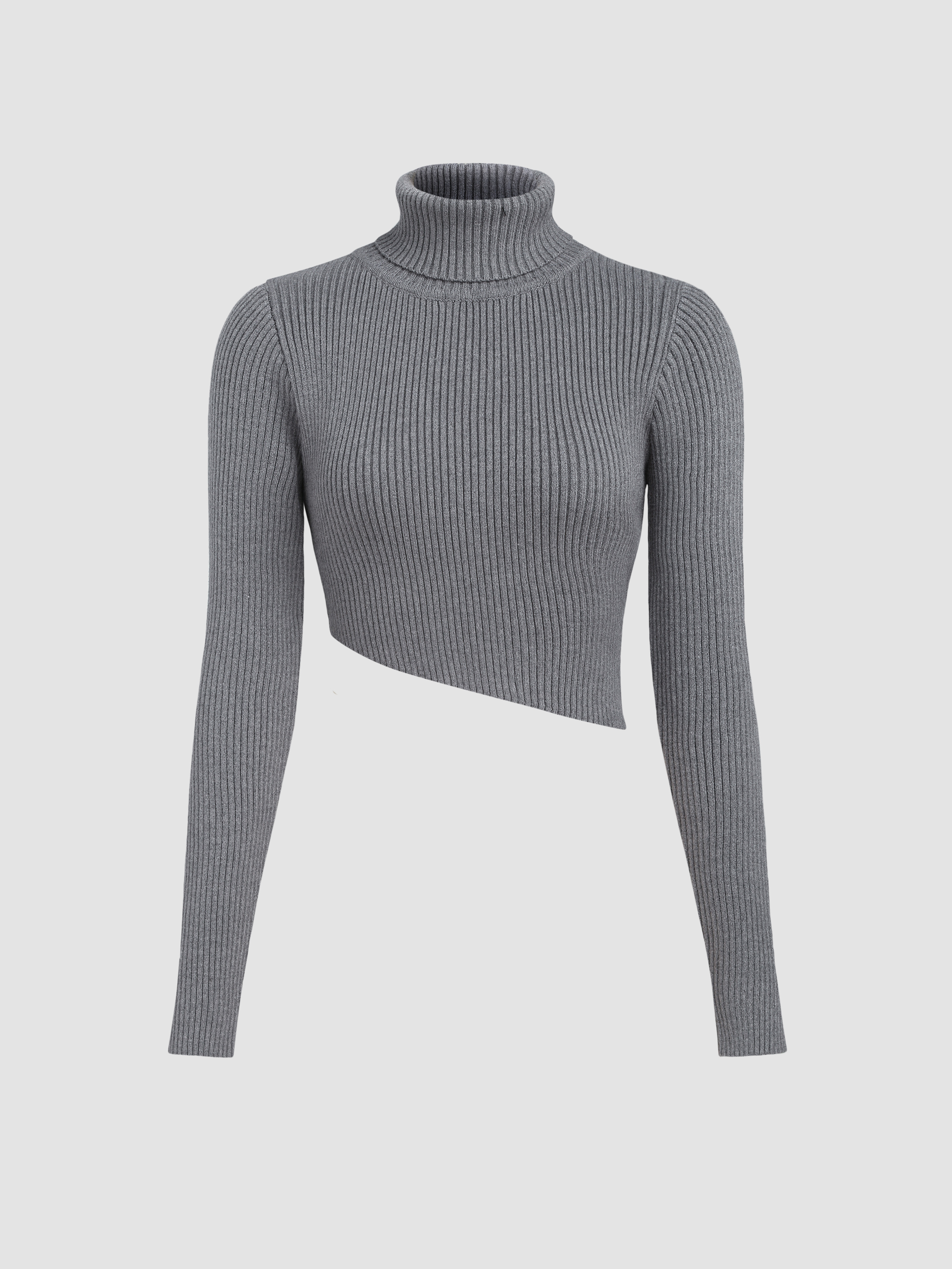 Knit Fabric Solid Texture Turtleneck Knitted Crop Top For Daily Casual