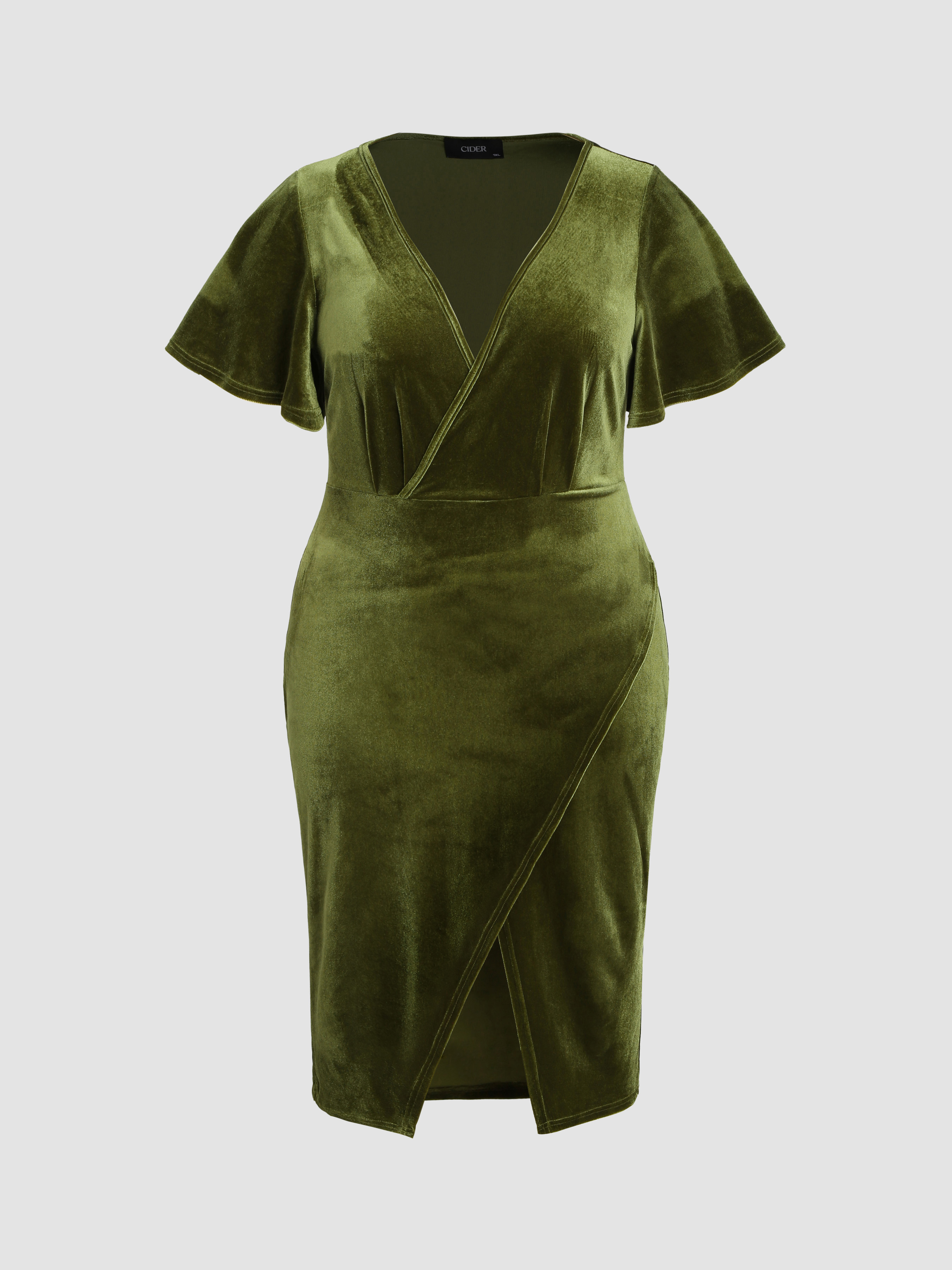 Velvet Ruffle Sleeve Split Midi Dress Curve & Plus - Cider