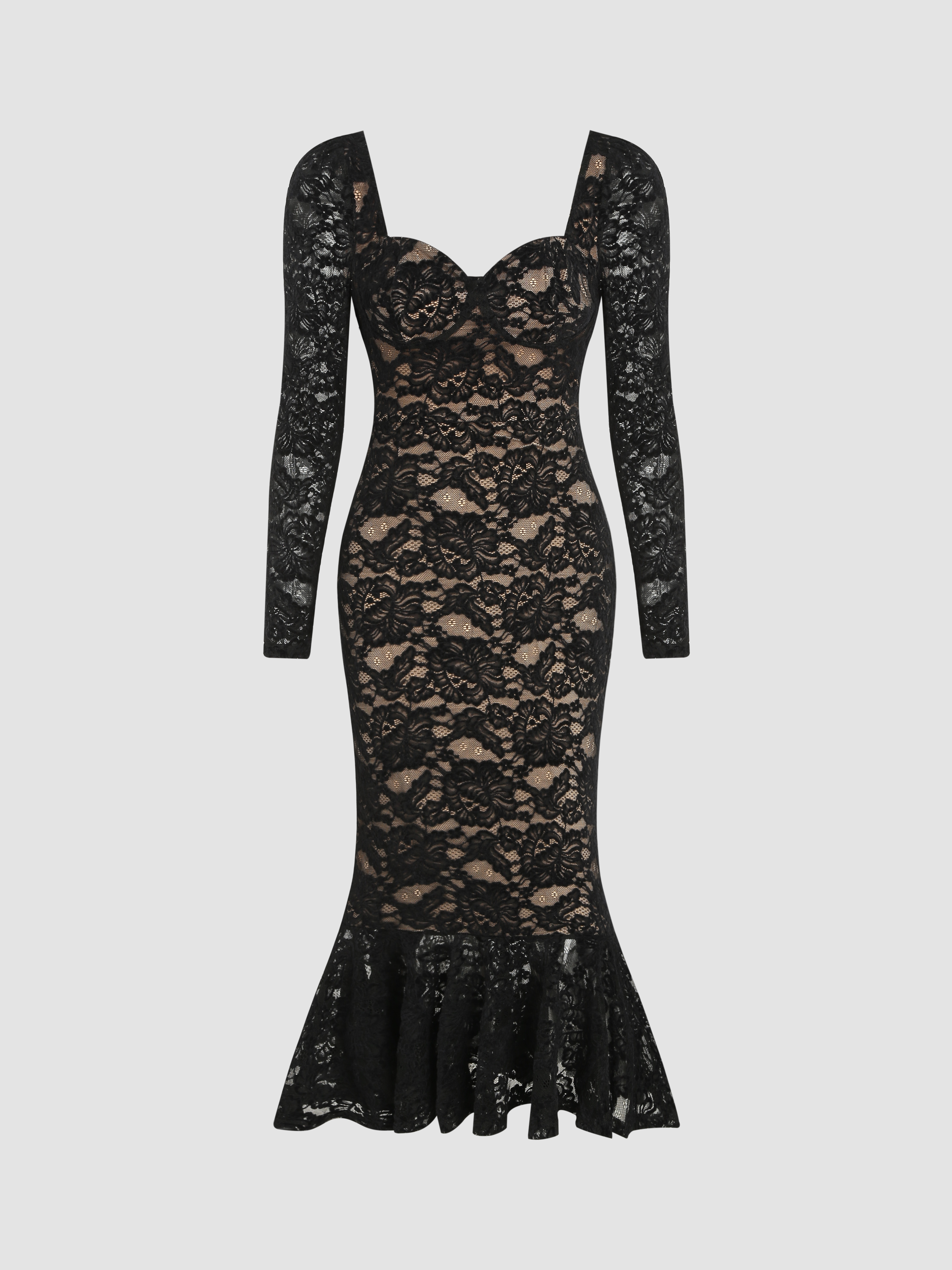 Lace Sweetheart Mermaid Ruffle Midi Dress - Cider