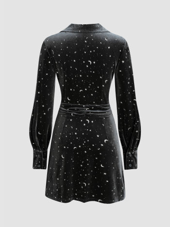 Velvet V-neck Star & Moon Pattern Glitter Mini Dress - Cider