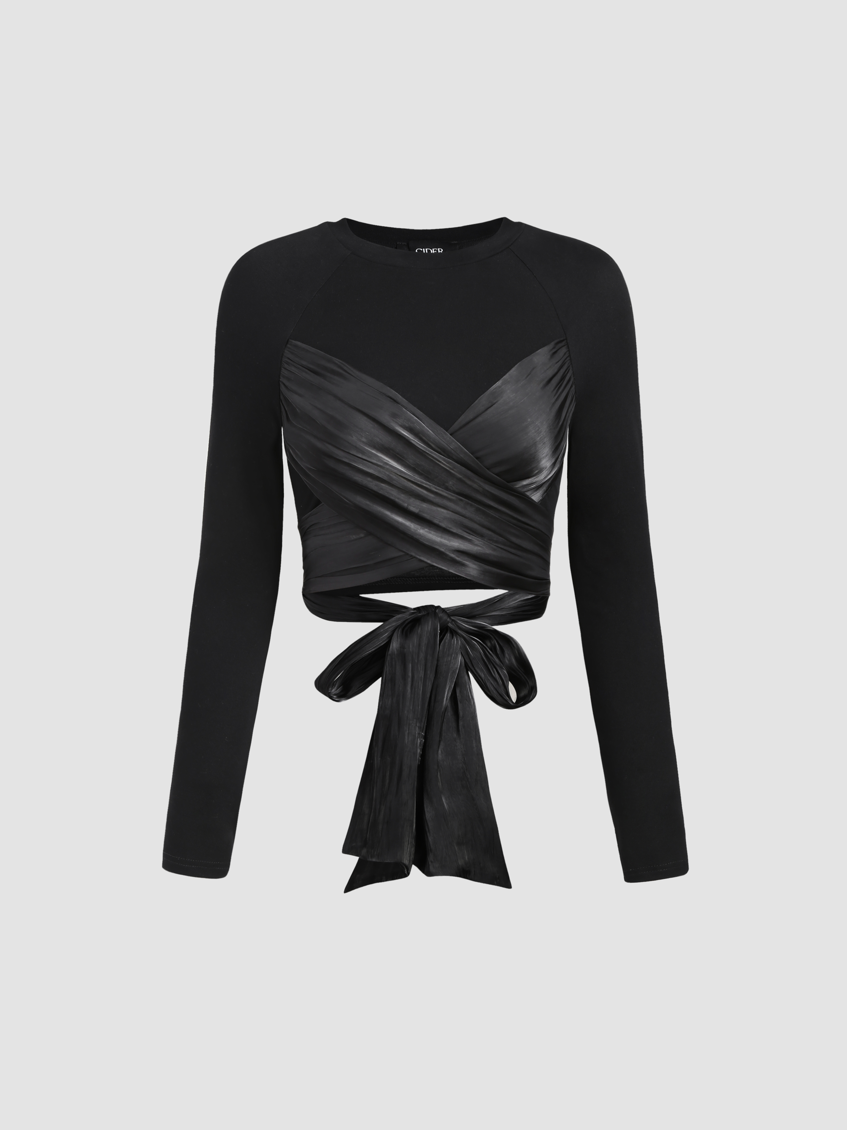 Knit Fabric Patchy Back Knotted Long Sleeve Crop Top For Daily Casual ...