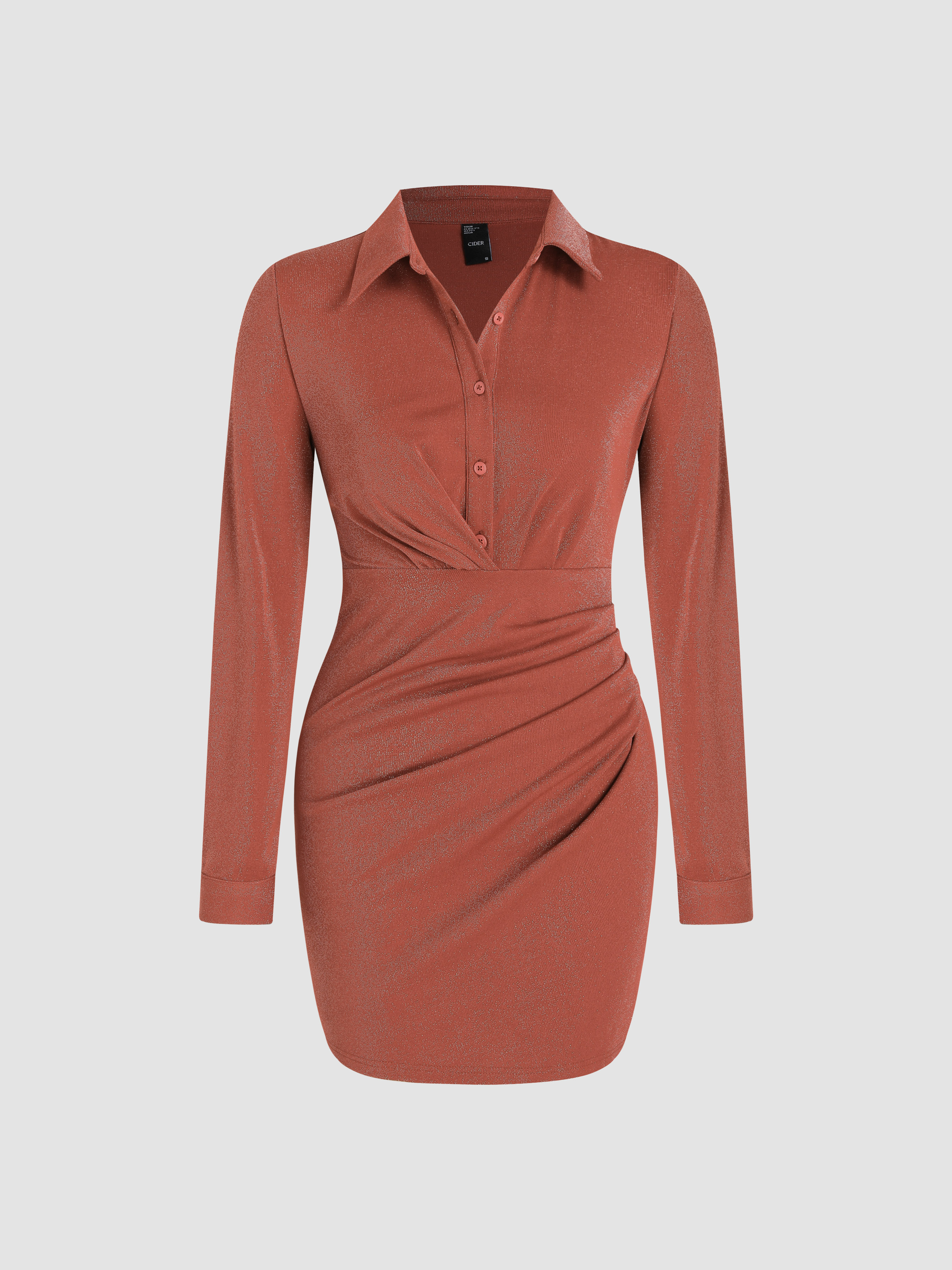 Solid Collar Button Up Ruched Glitter Mini Dress - Cider