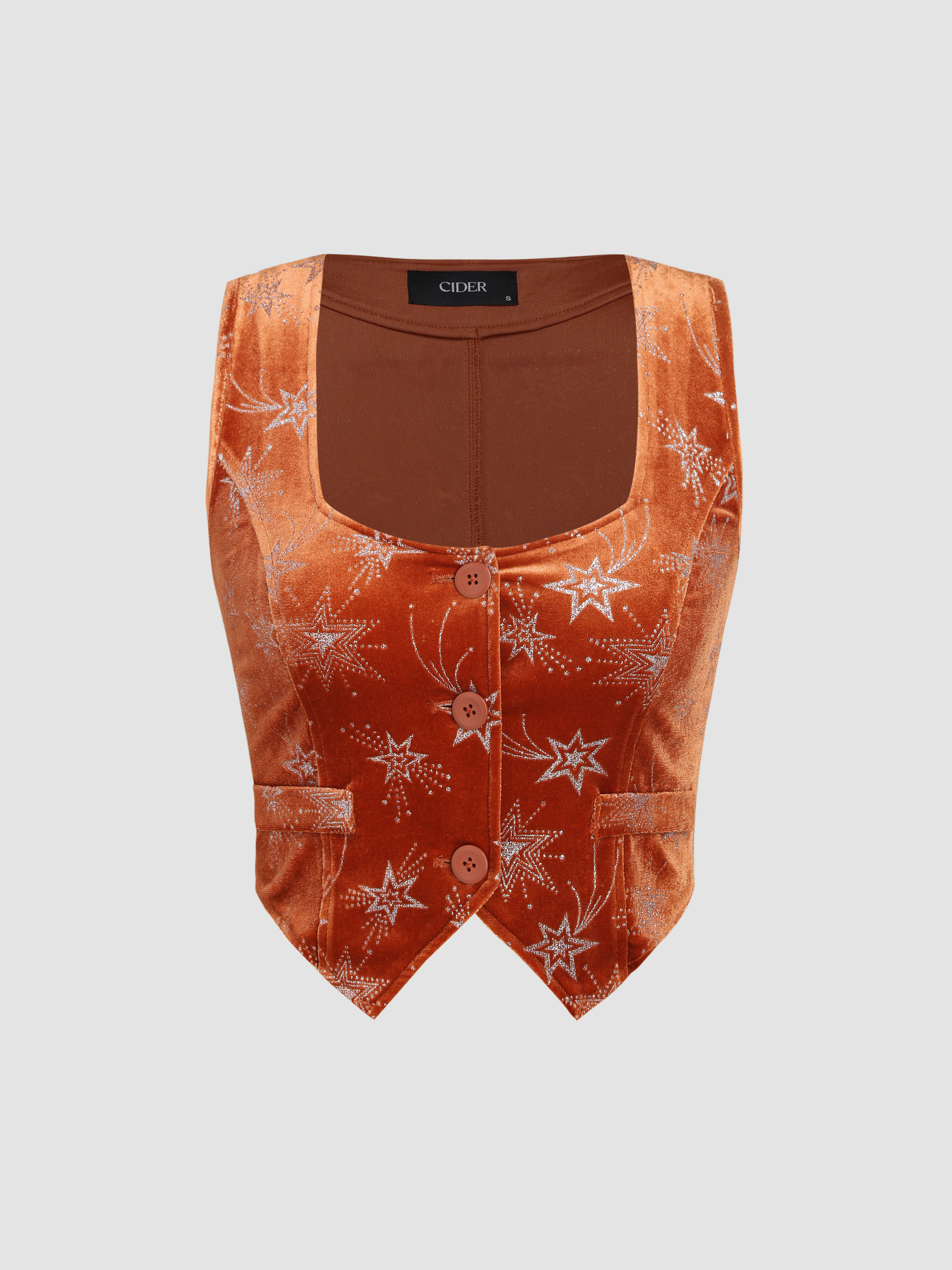 Velvet Star Pattern Sequin Square Neck Button Up Vest - Cider