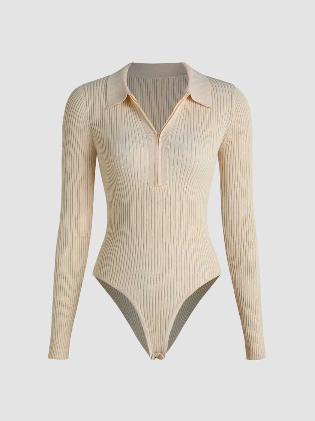 Office Siren Knit Fabric Solid Rib Zip Up Collar Knitted Bodysuit For ...