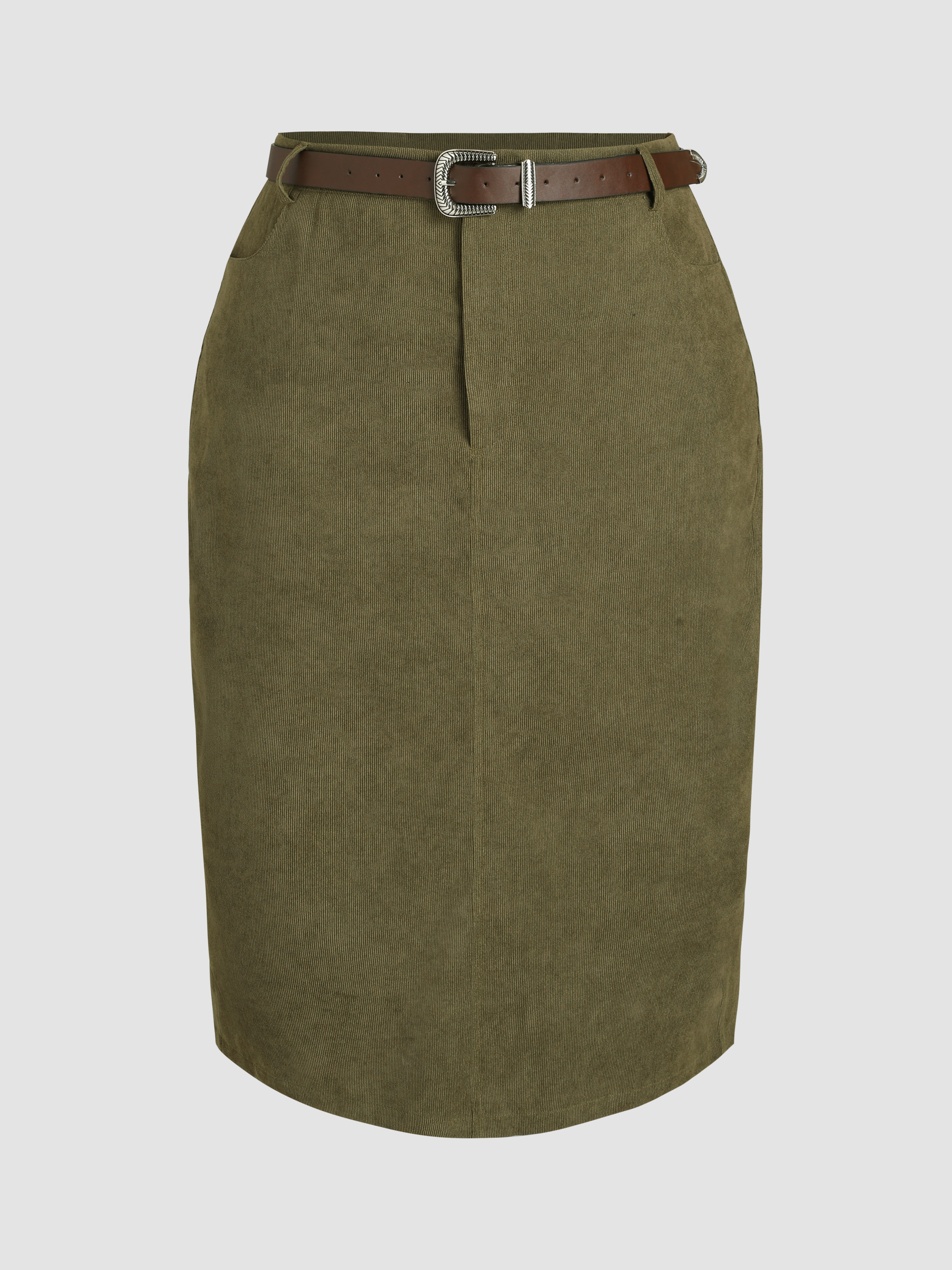 Solid Corduroy Skirt With Belt Curve And Plus For Daily Casual Coffee Shop Work