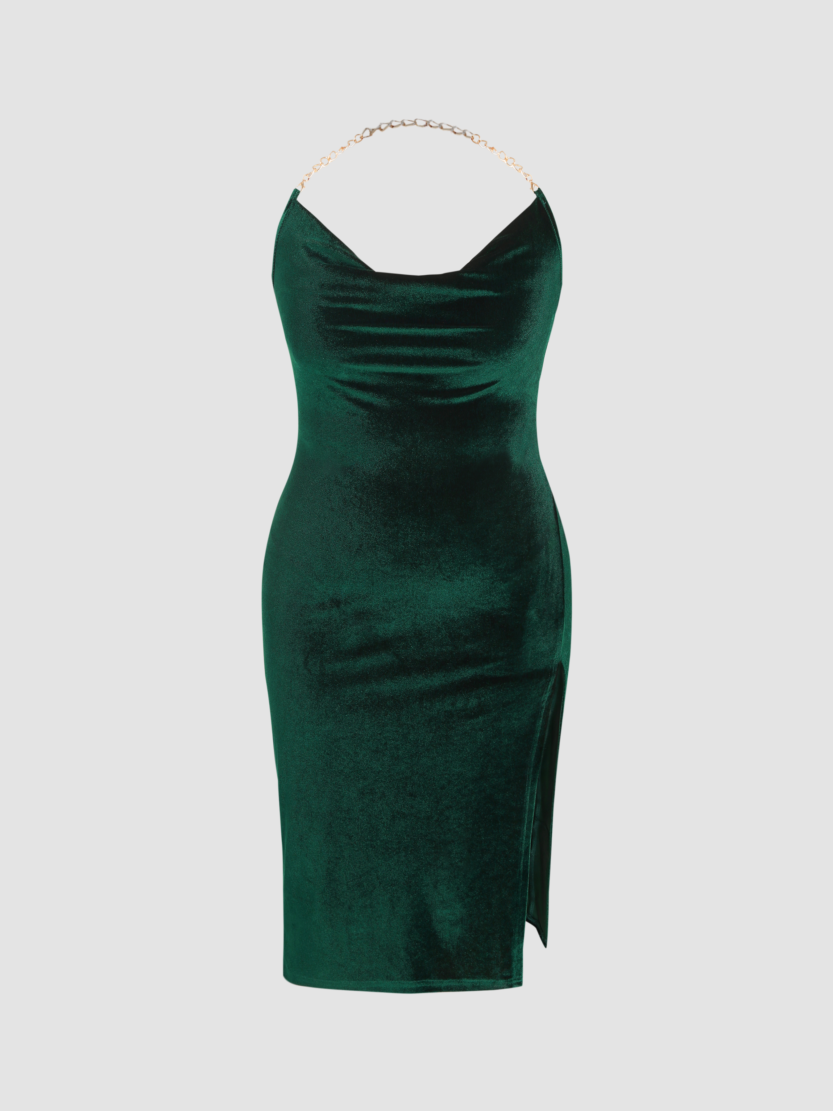 Hoco Dress Homecoming Chain Halter Velvet Cowl Neck Slit Dress Curve ...