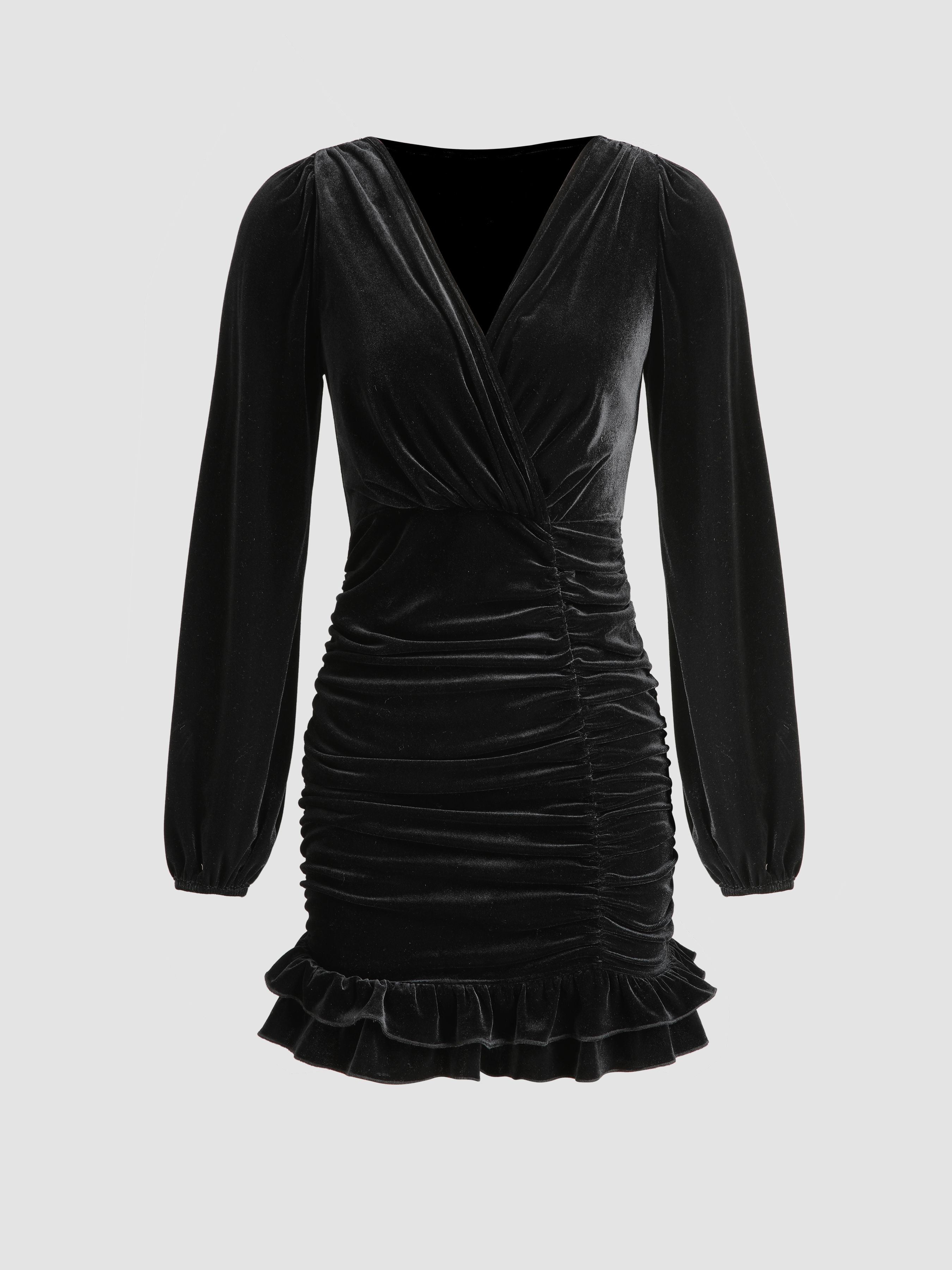 Velvet Ruched V-neck Mini Dress - Cider