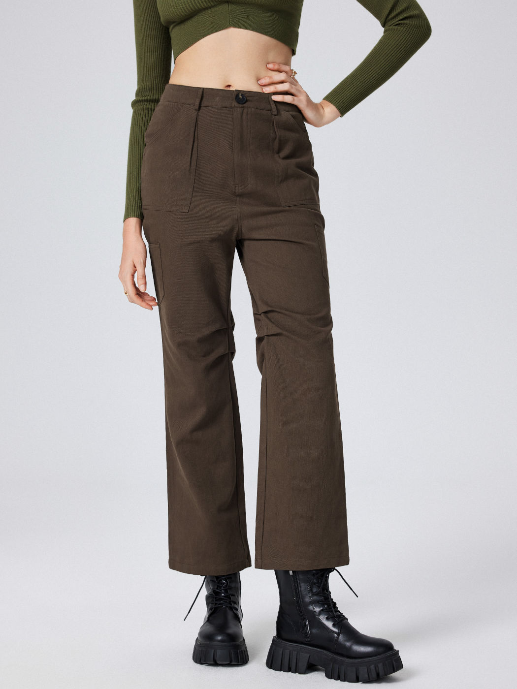 Solid Mid Waist Cargo Pants - Cider