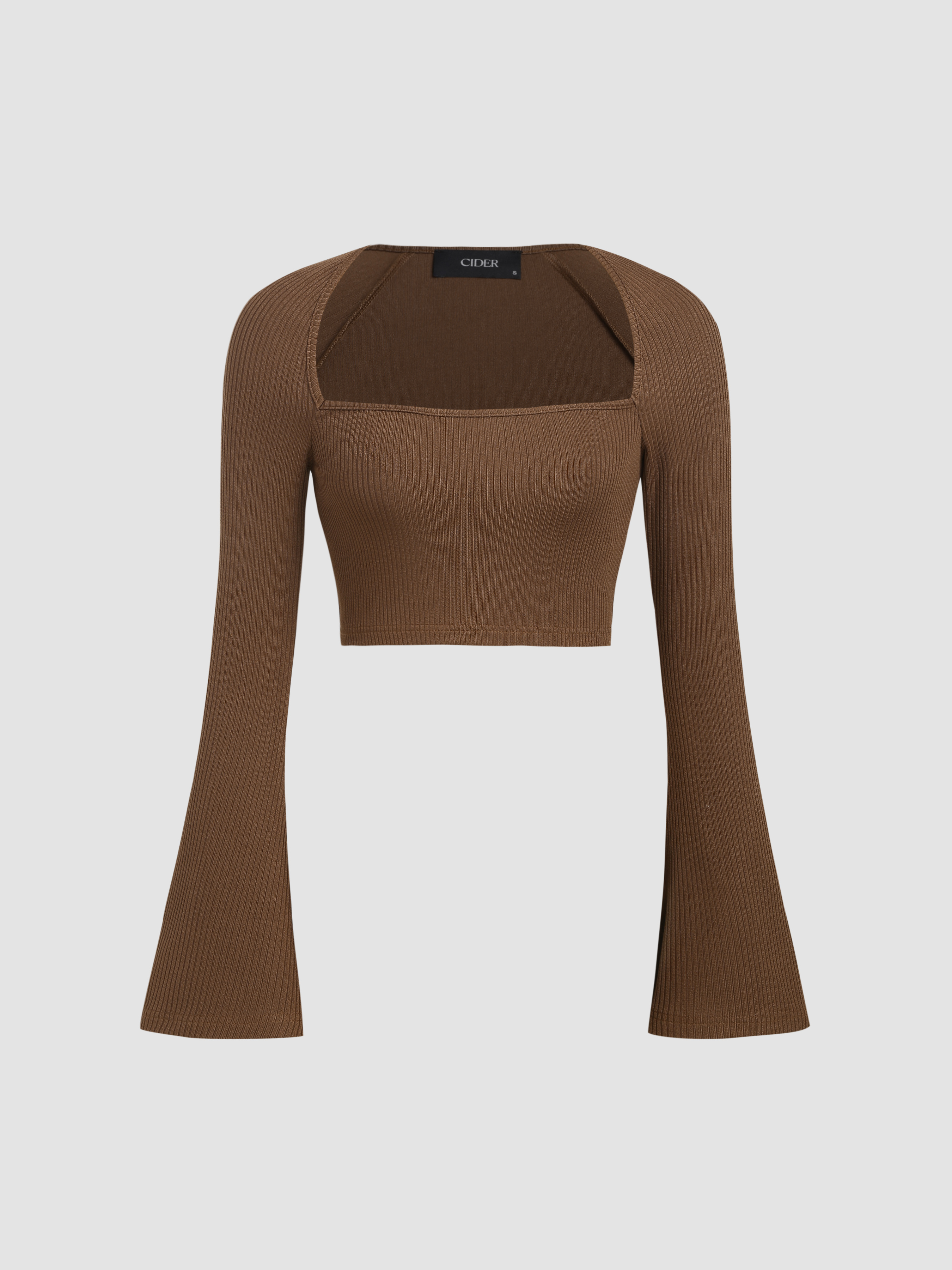 Solid Square Neck Bell Sleeve Crop Tee For School Daily Casual