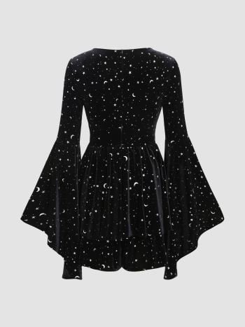 Velvet Velvet V-neck Star & Moon Pattern Bell Sleeve Romper For Date