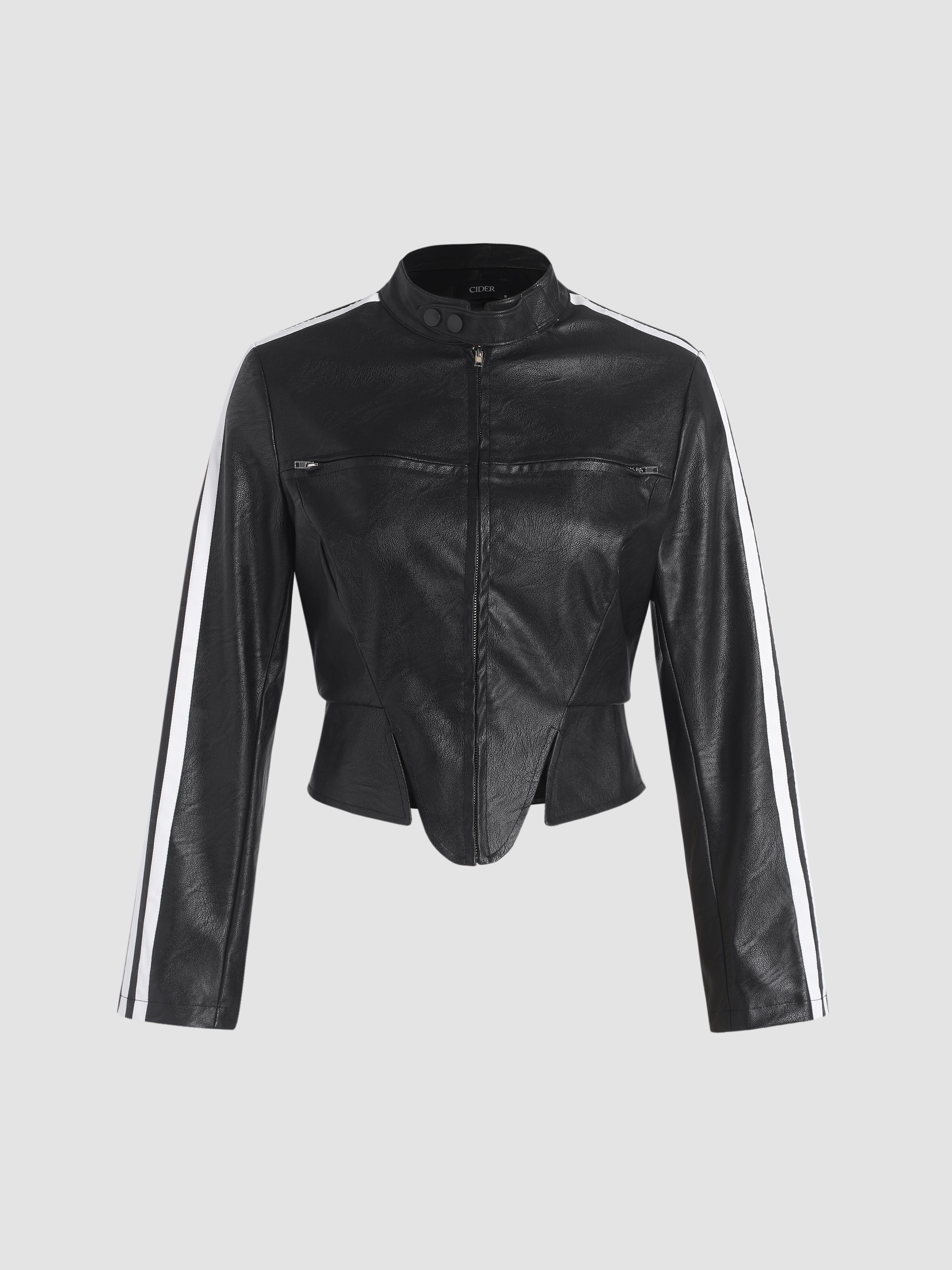 PU Stitch Zip Up Stand Collar Crop Jacket For Exhibition