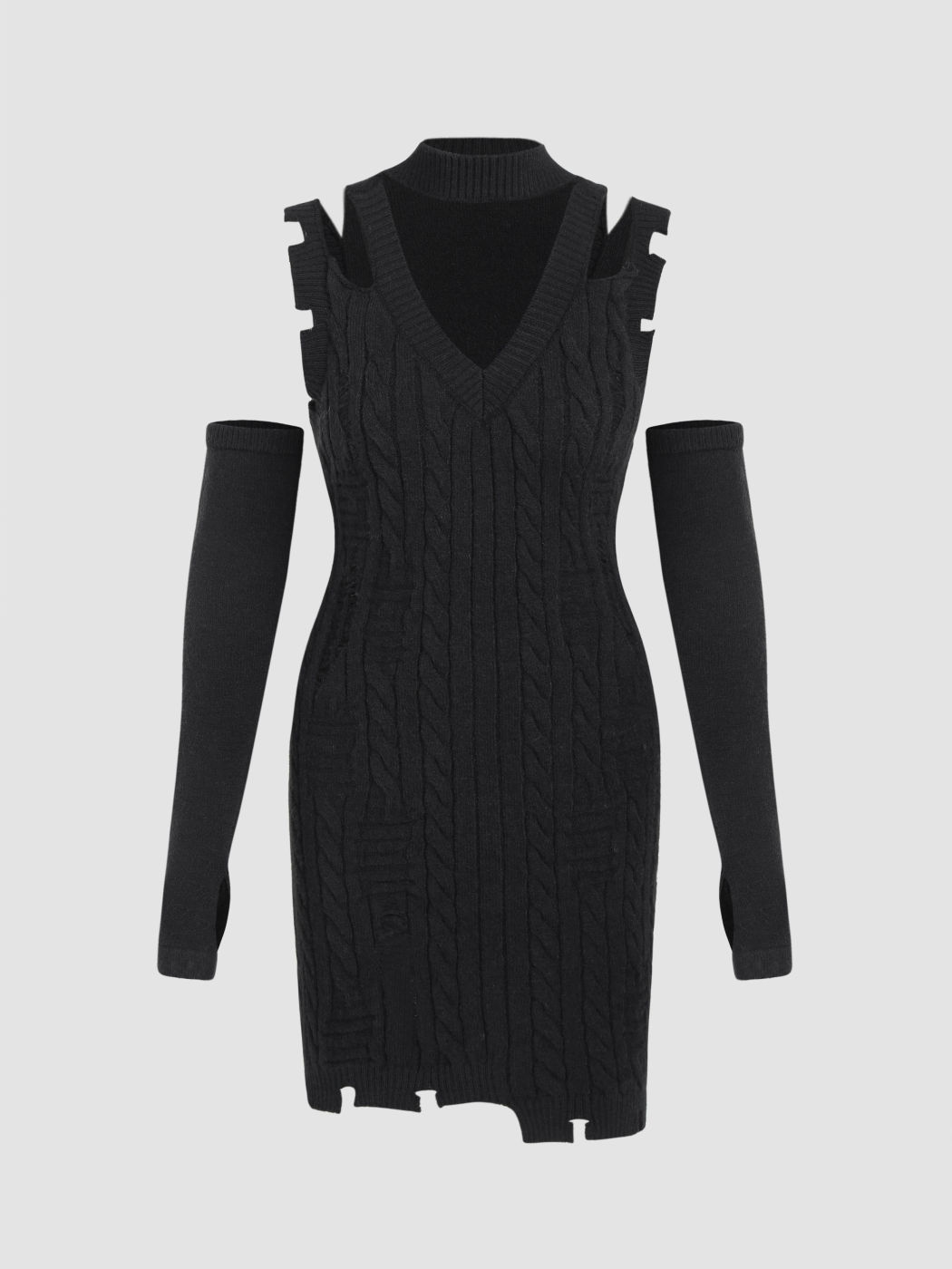 Knit Fabric Knit Cable Knit Ripped Mini Dress With Oversleeves For ...