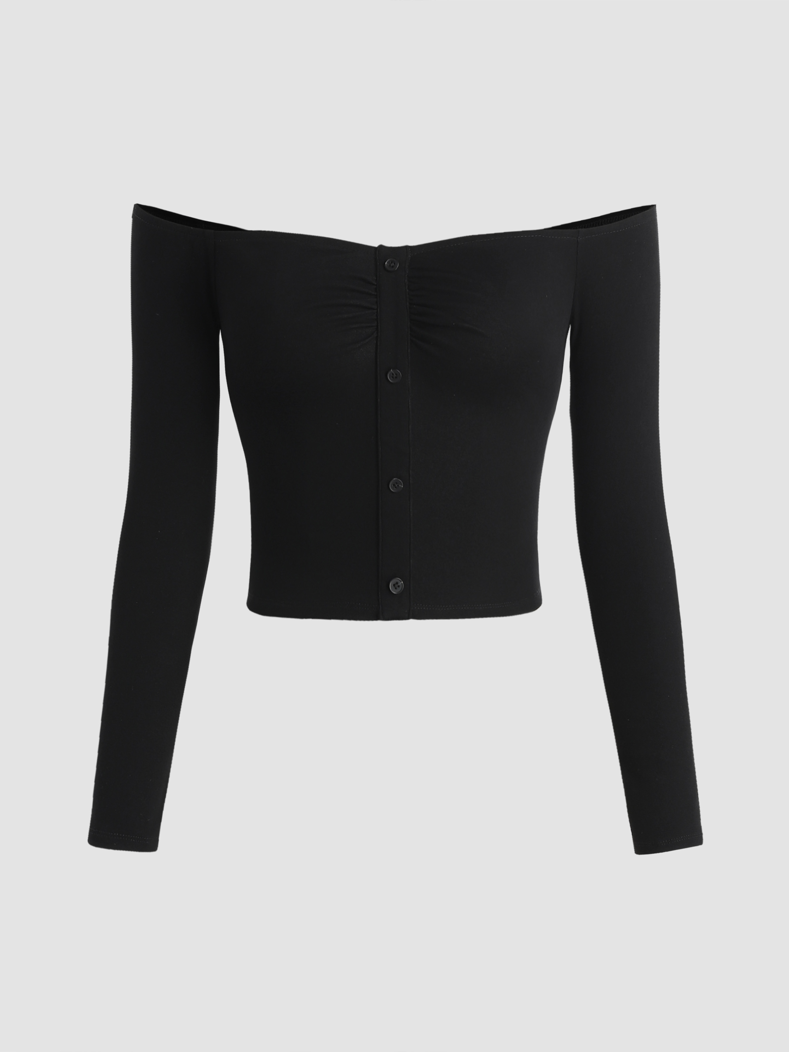 Knit Fabric Solid Off-shoulder Button Up Long Sleeve Top For Coffee Shop