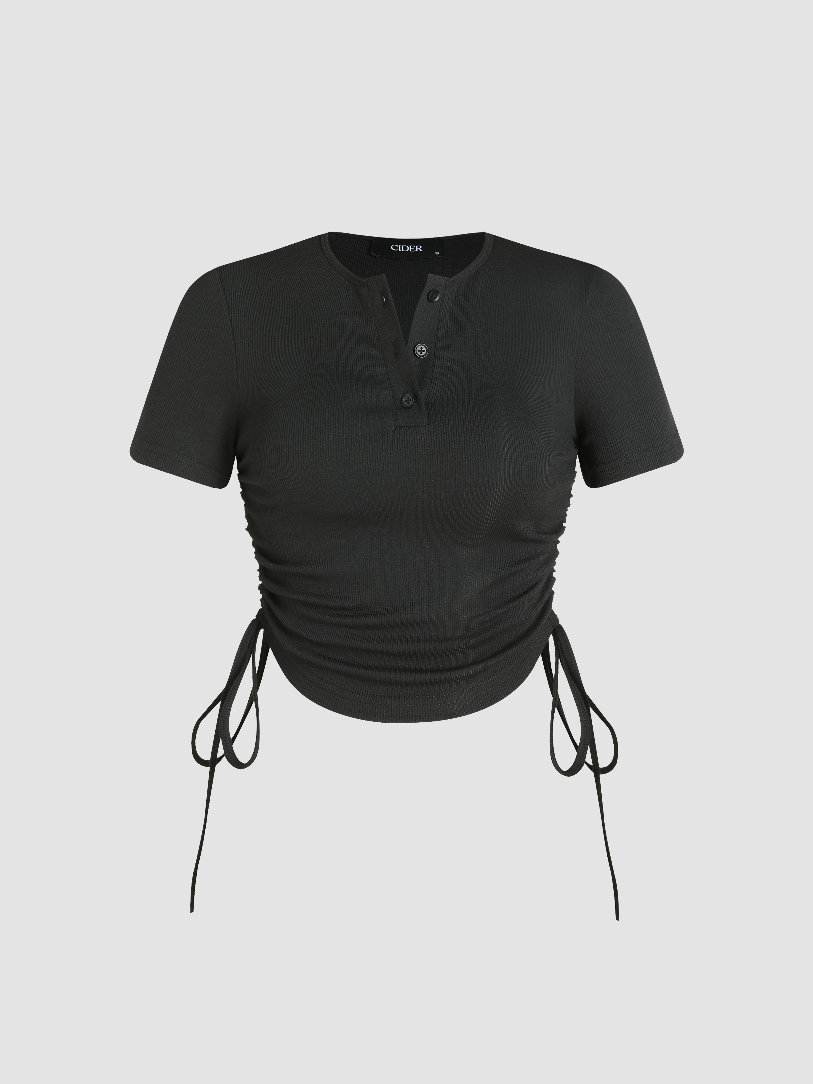 Solid Button Drawstring Short Sleeve Tee For School Daily Casual