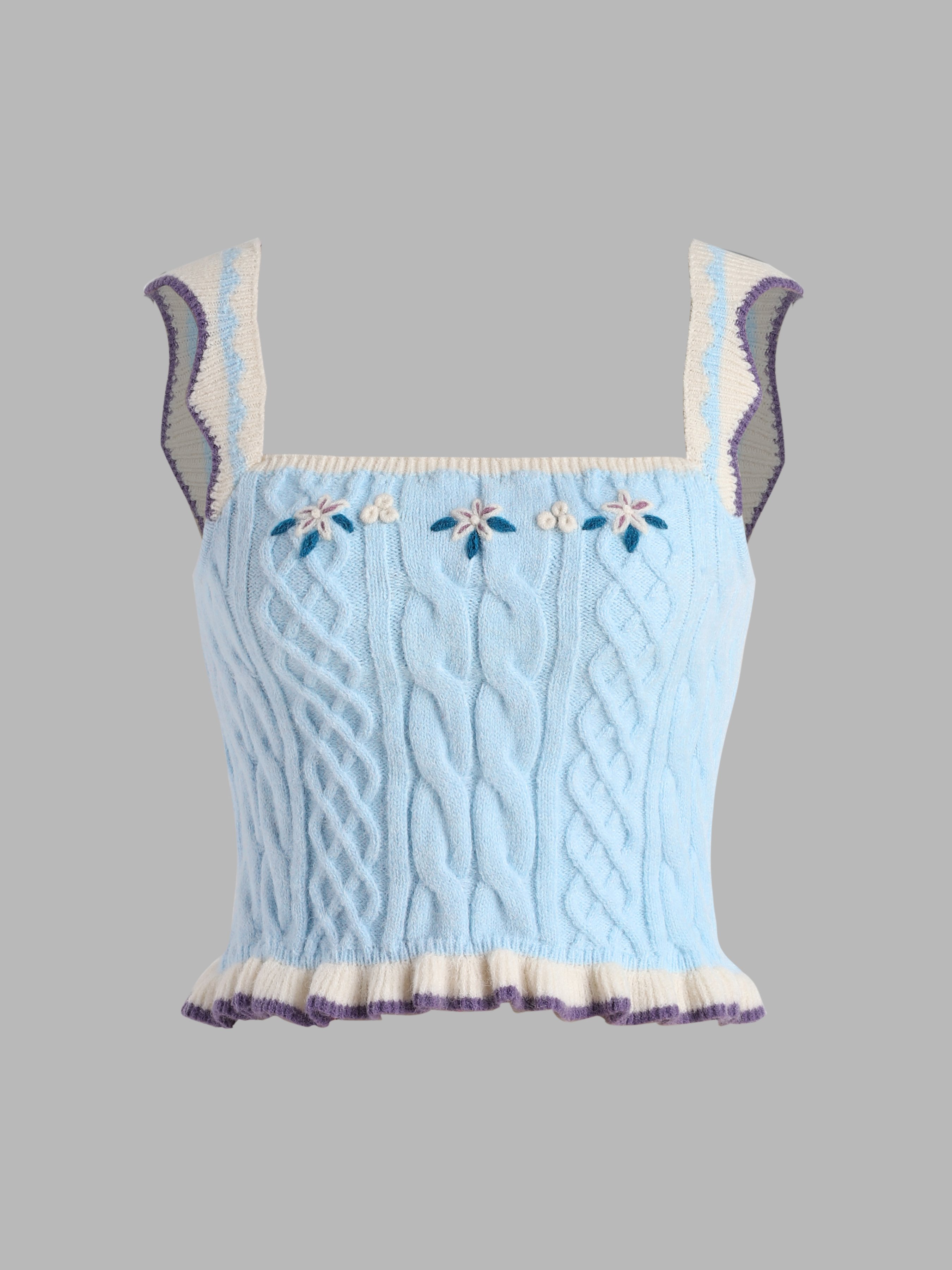 Cable Knit Floral Square Neck Knitted Crop Cami Top For School