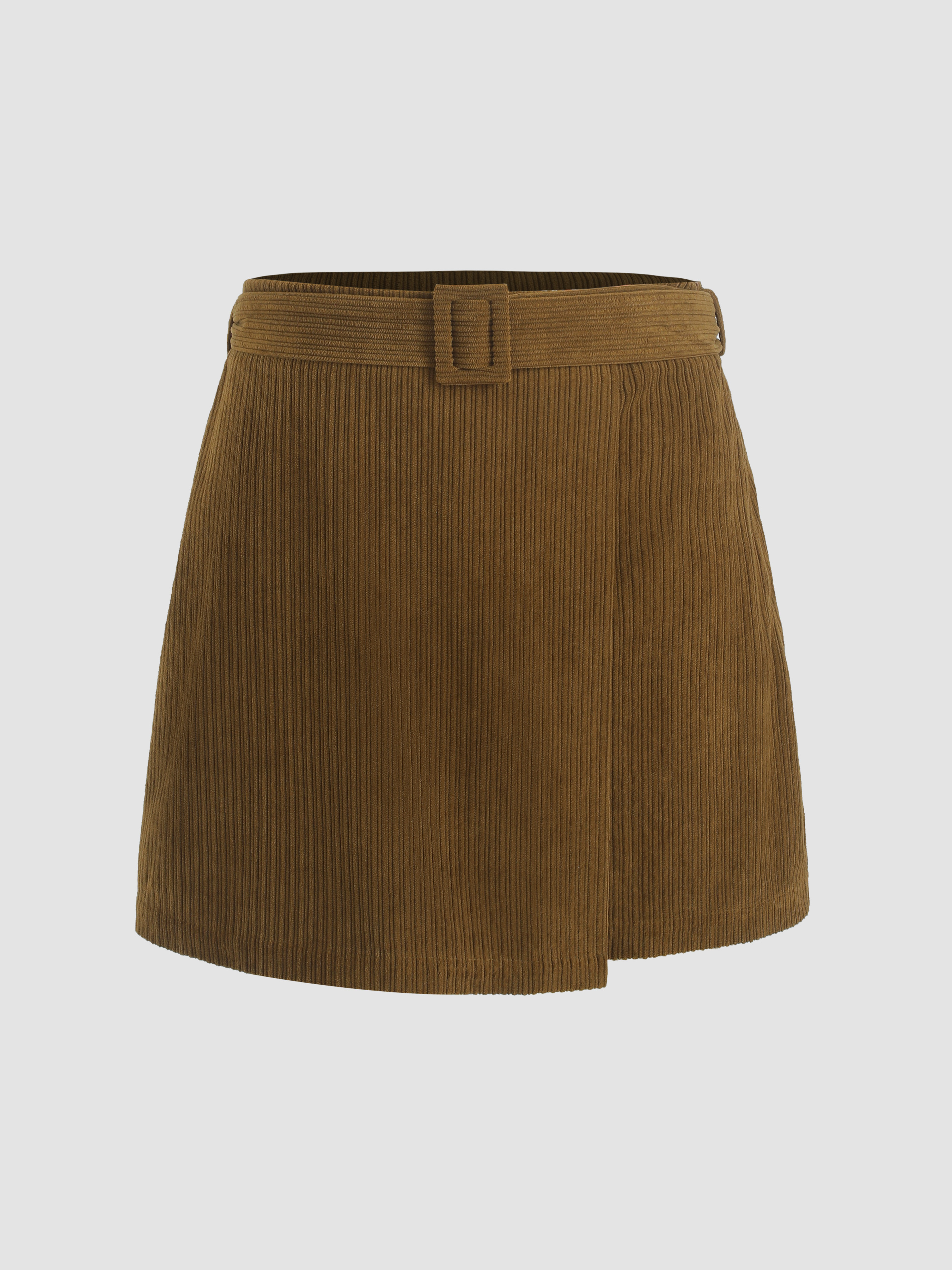Corduroy Solid Belted Middle Waist Mini Skirt - Cider