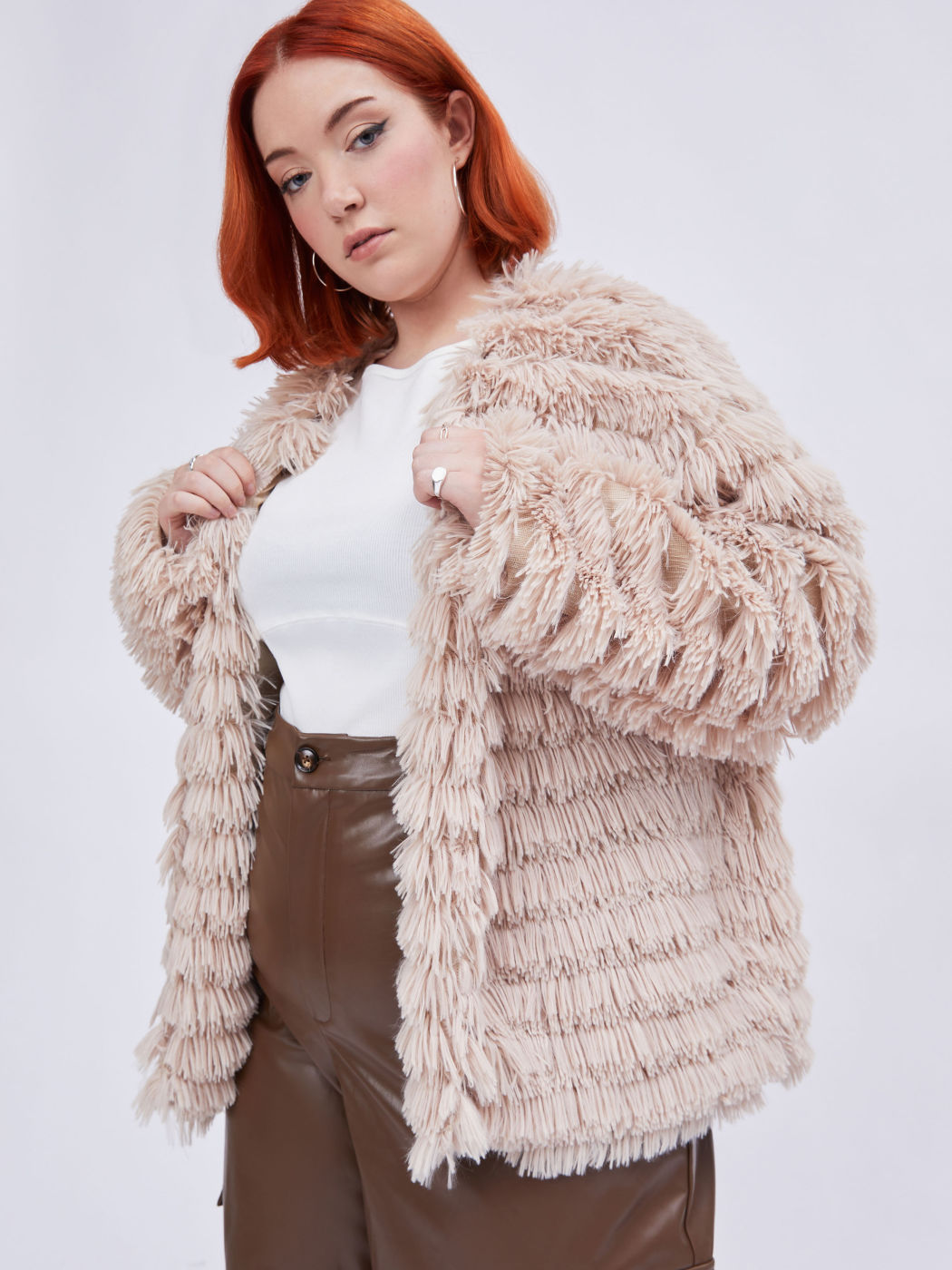 Curve & Plus Solid Shaggy Tiered Jacket - Cider