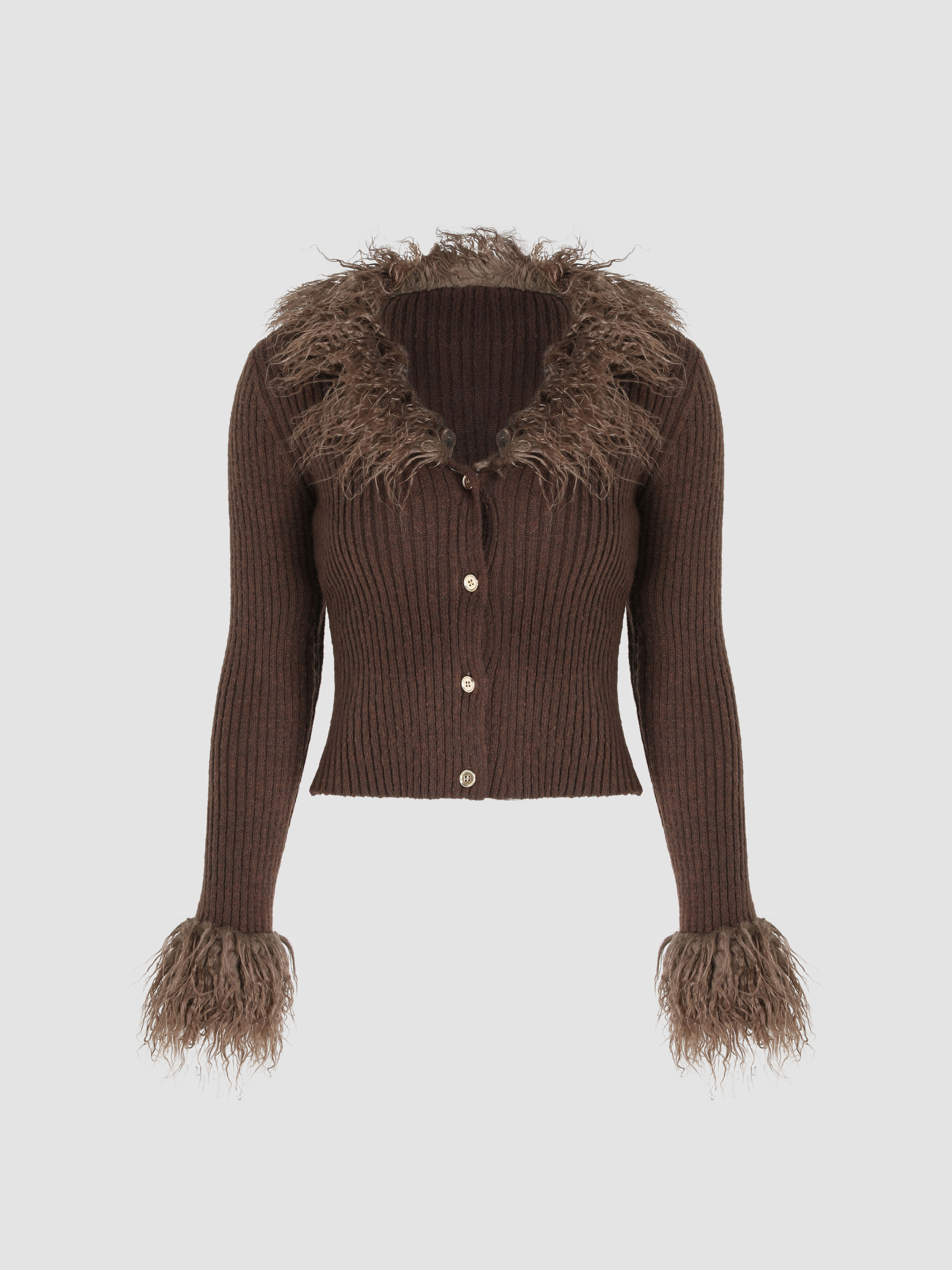 Solid Fuzzy Button Up Knitted Afghan Cardigan - Cider